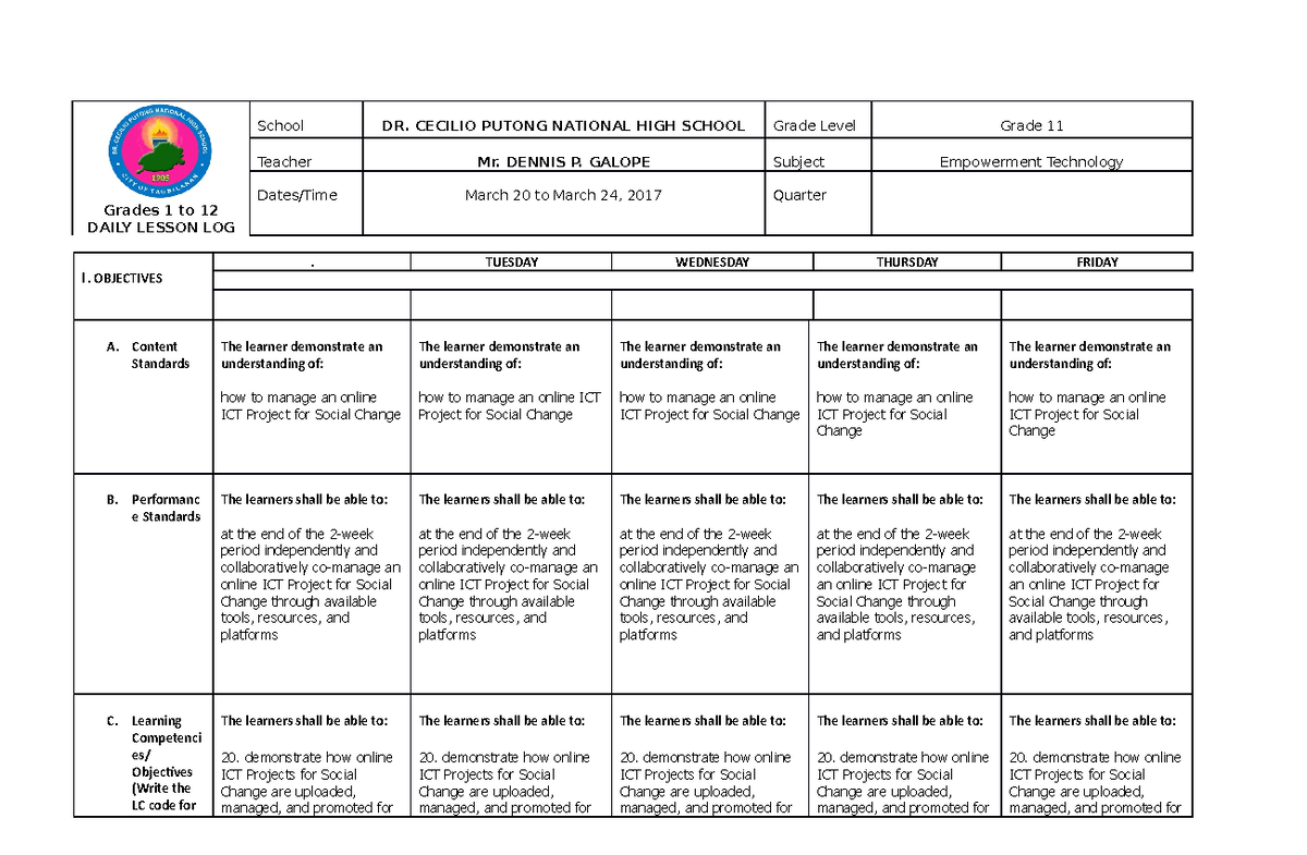 Dll for mar 20 - 24, 2017 statistics - Grades 1 to 12 DAILY LESSON LOG ...