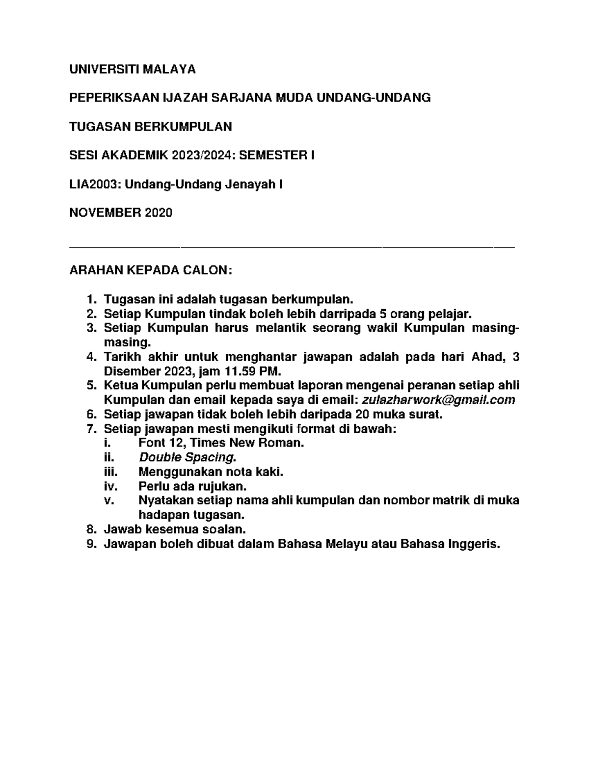 Tugasan LIA2003 - assignment question - UNIVERSITI MALAYA PEPERIKSAAN ...