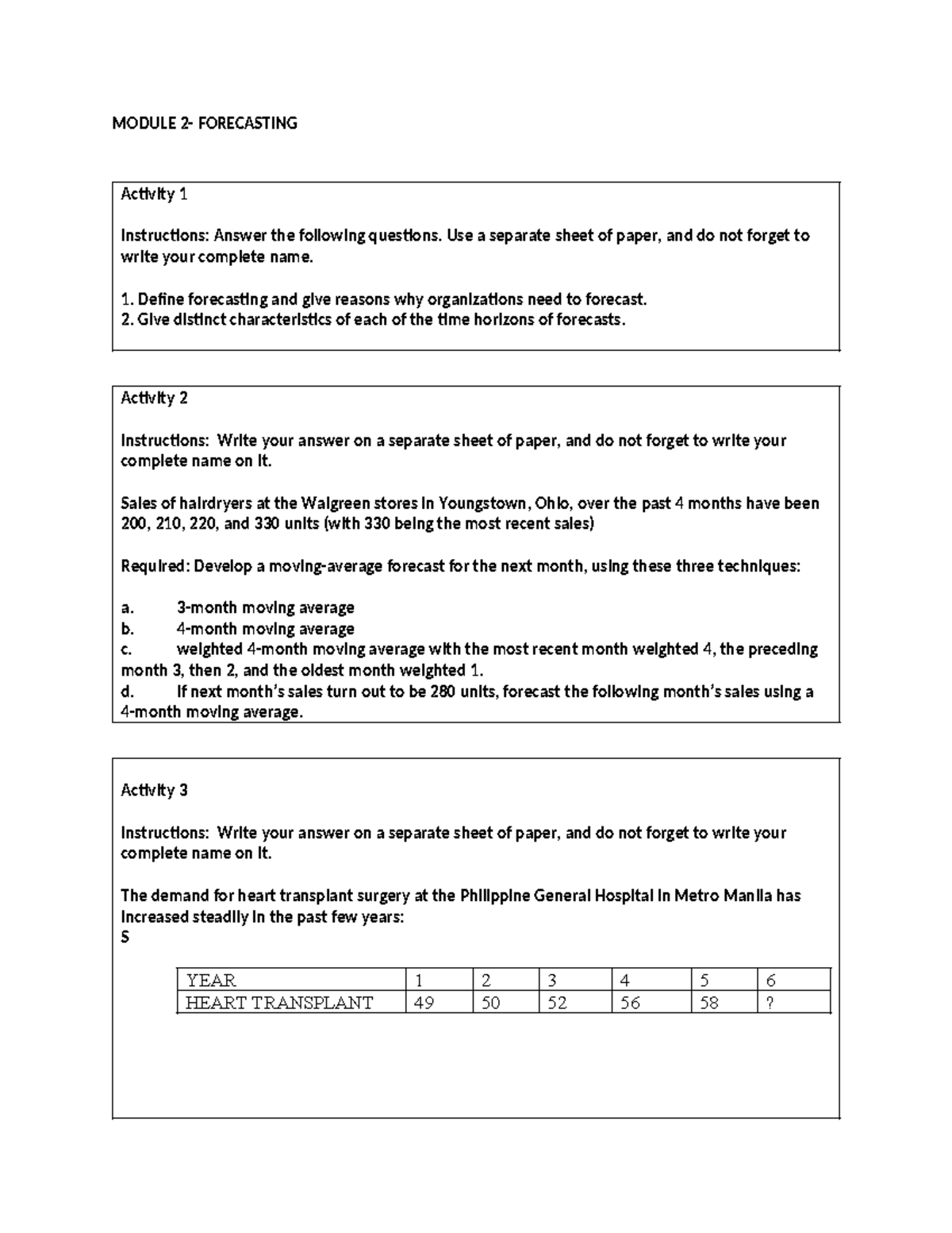 Module 2- Activities - OPERATION MANAGEMENT - MODULE 2- FORECASTING ...