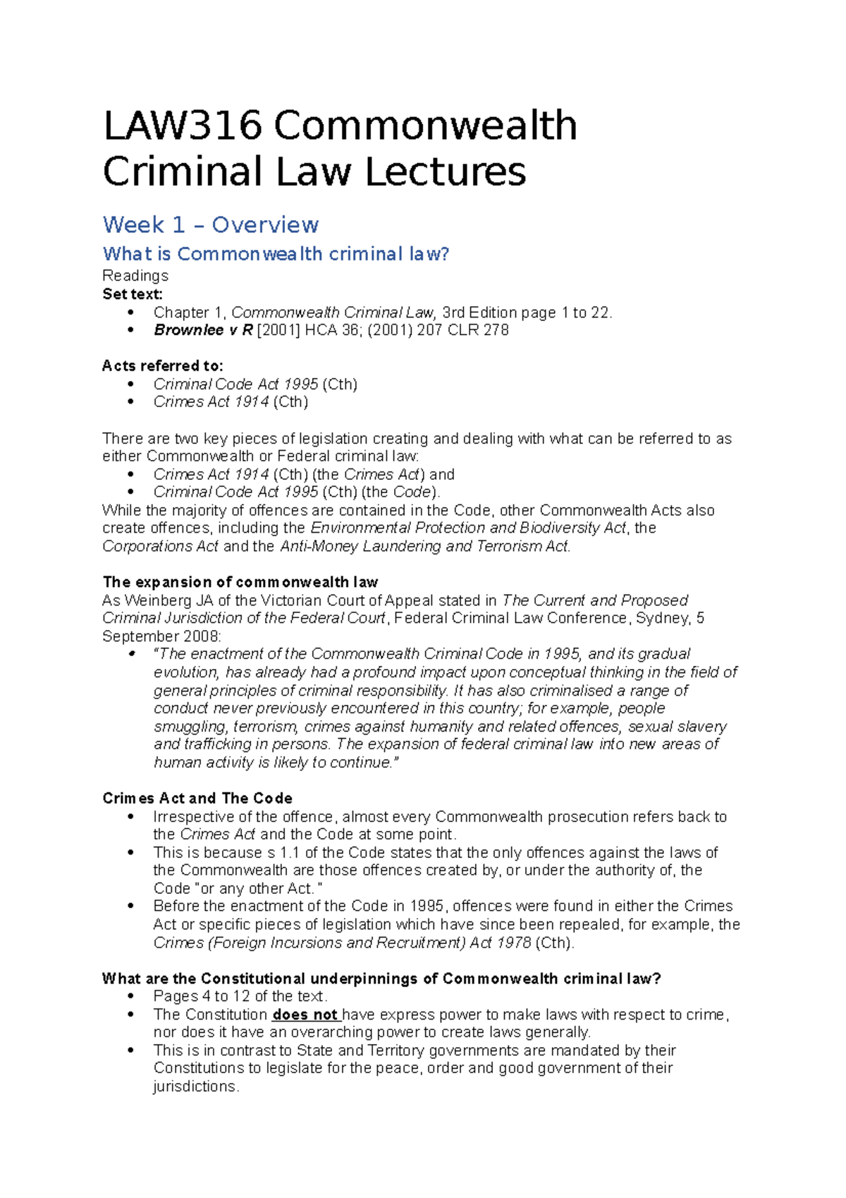 LAW316 Lectures - LAW316 Commonwealth Criminal Law Lectures Week 1 ...