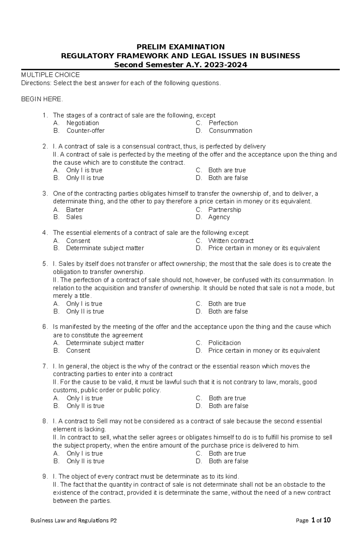 Prelim RFLI 2nd Sem AY23-24 1 - PRELIM EXAMINATION REGULATORY FRAMEWORK ...