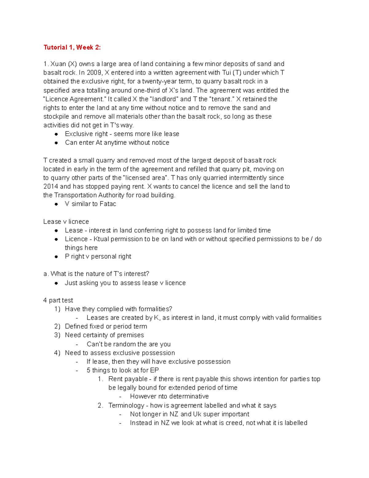 LAWS301 (Property) tutorials tri 2 - Tutorial 1, Week 2: Xuan (X) owns a large area of land ...