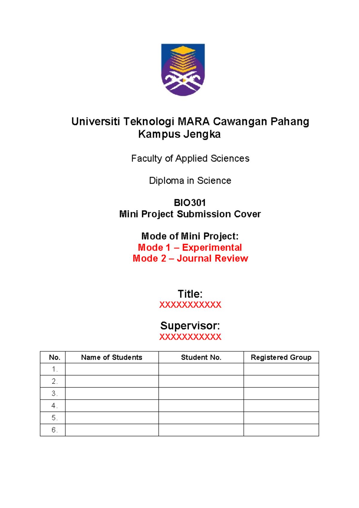 MINI Project Submission Cover - Cell Biology - Universiti Teknologi MARA Cawangan Pahang Kampus ...