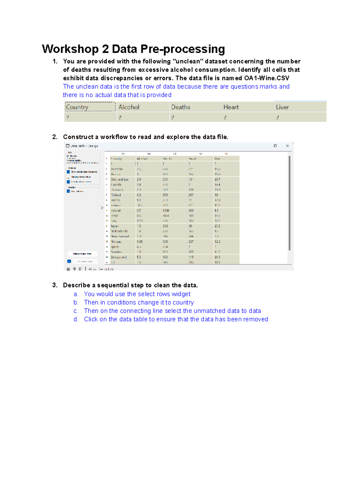 DATA101 Workshop 2 - Summary of Concepts and Exercises - Workshop 2 Data Pre-processing You are ...