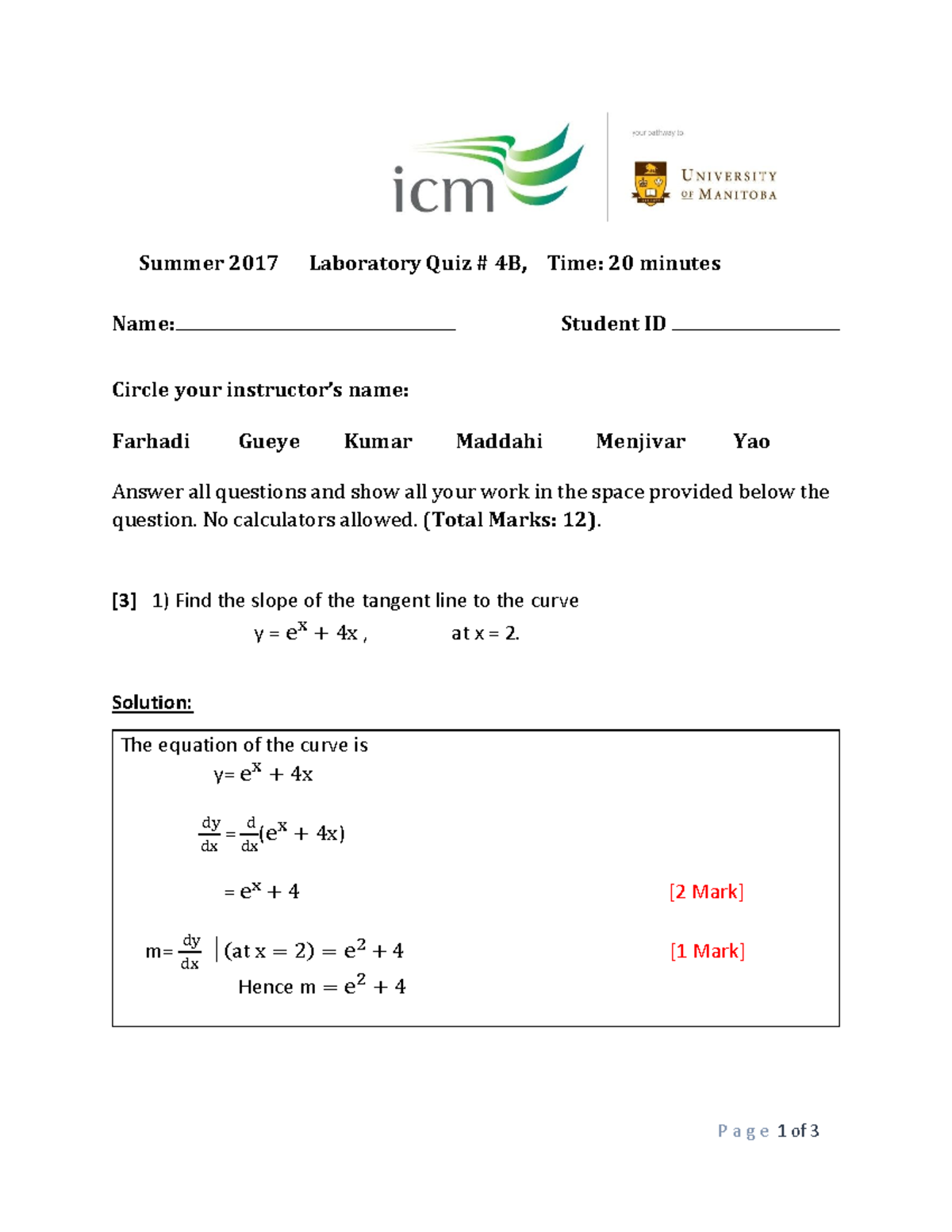 Quiz 4B -(Key) - quiz - P a g e ϭ of ϯ Summer ʹͲͳ7 Laboratory Quiz # 4B ...