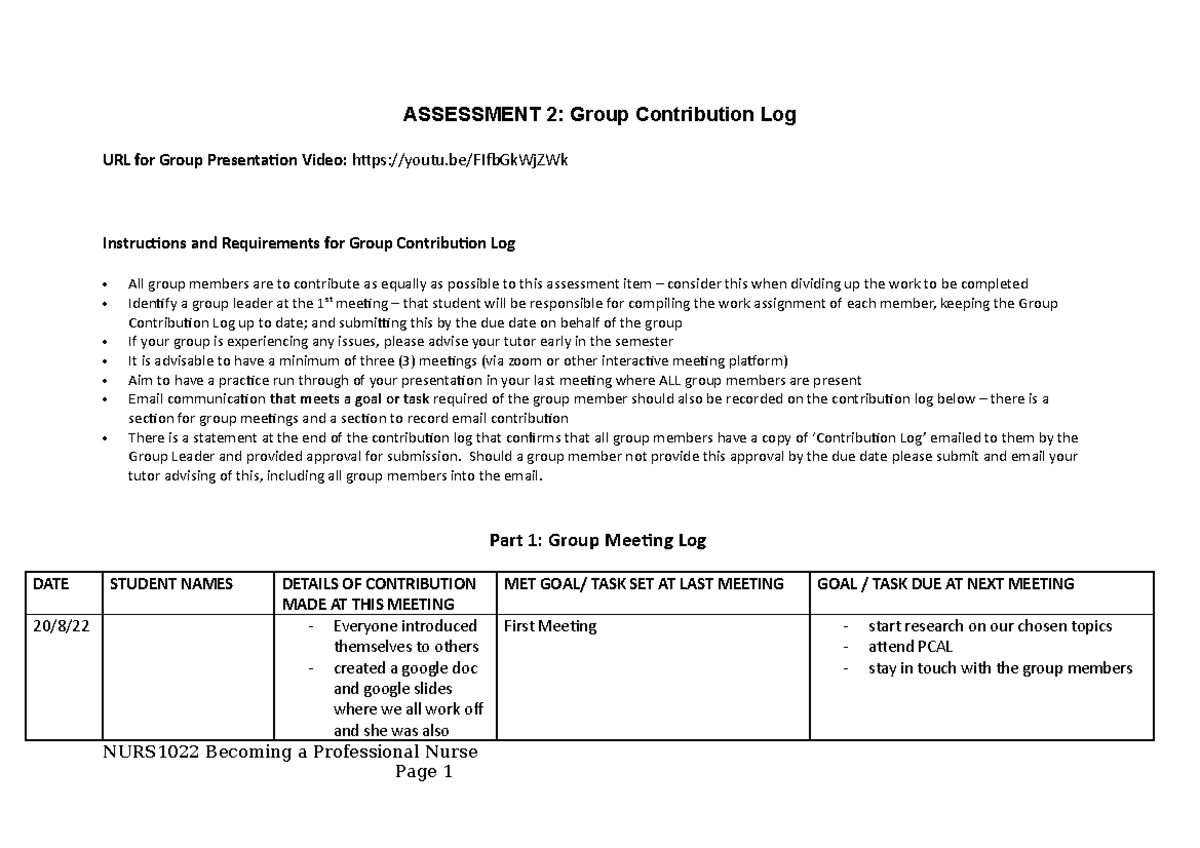 Contribution Log - ASSESSMENT 2: Group Contribution Log URL for Group ...