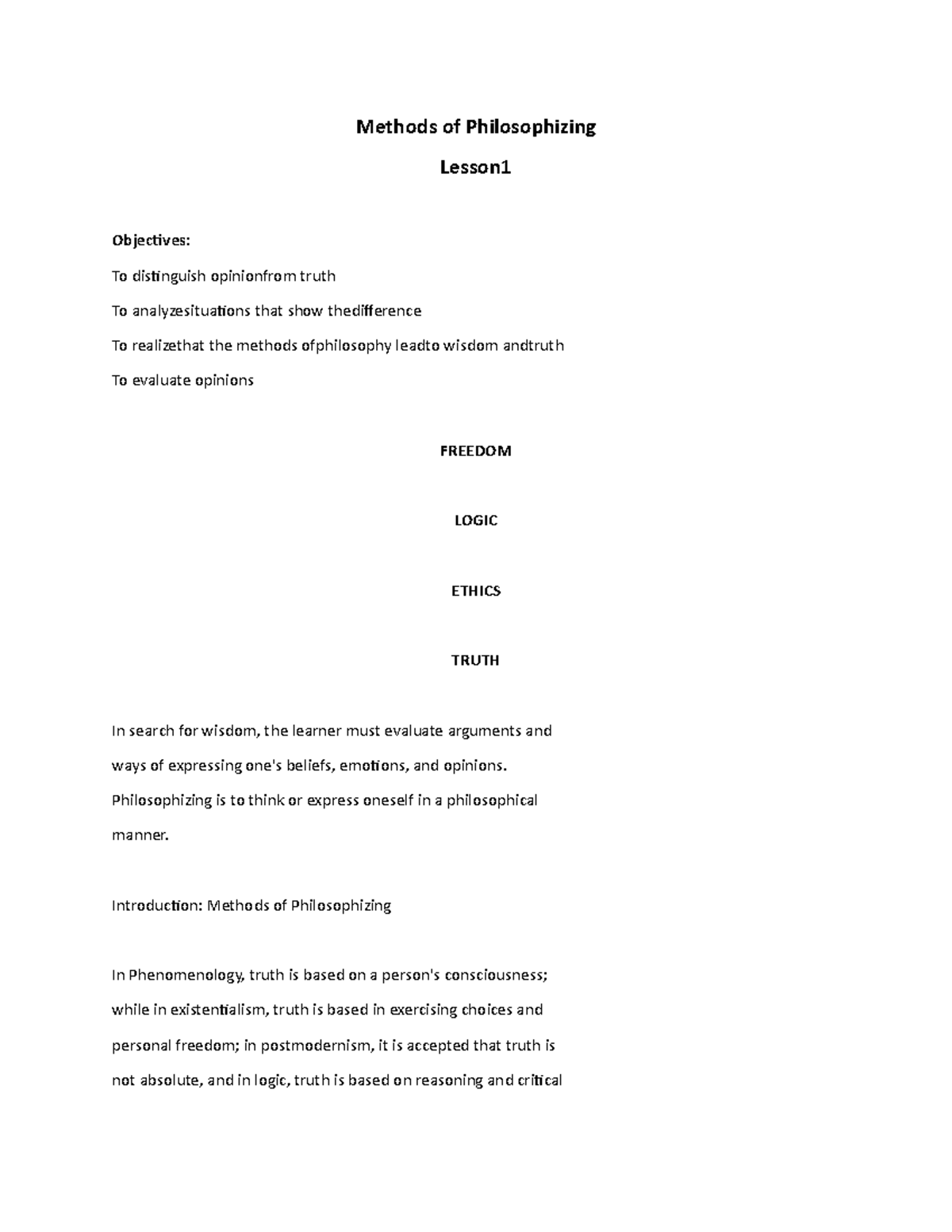 Methods of Philosophizing - Methods of Philosophizing Lesson Objectives ...