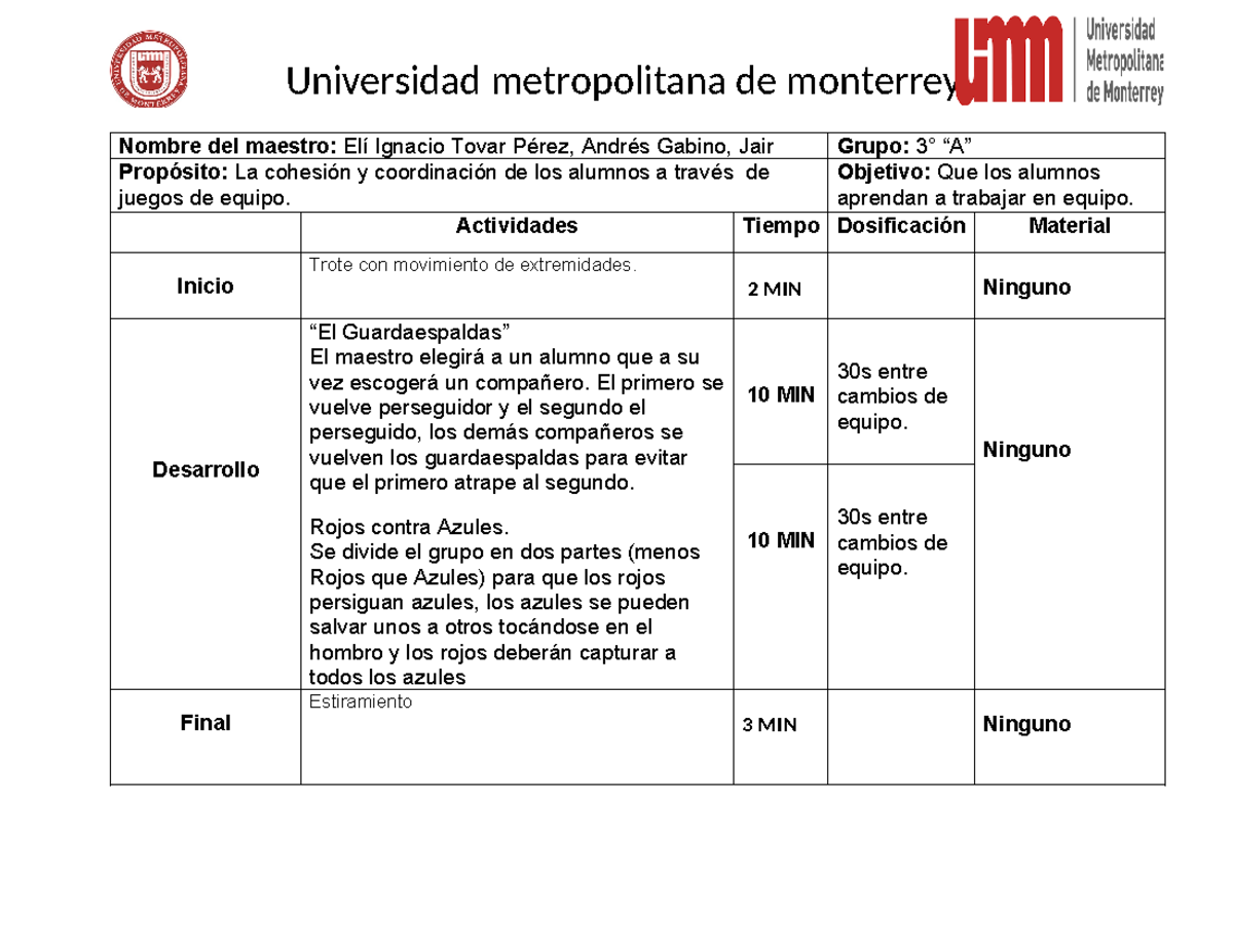 Plan clase UMM - Universidad metropolitana de monterrey Nombre del ...