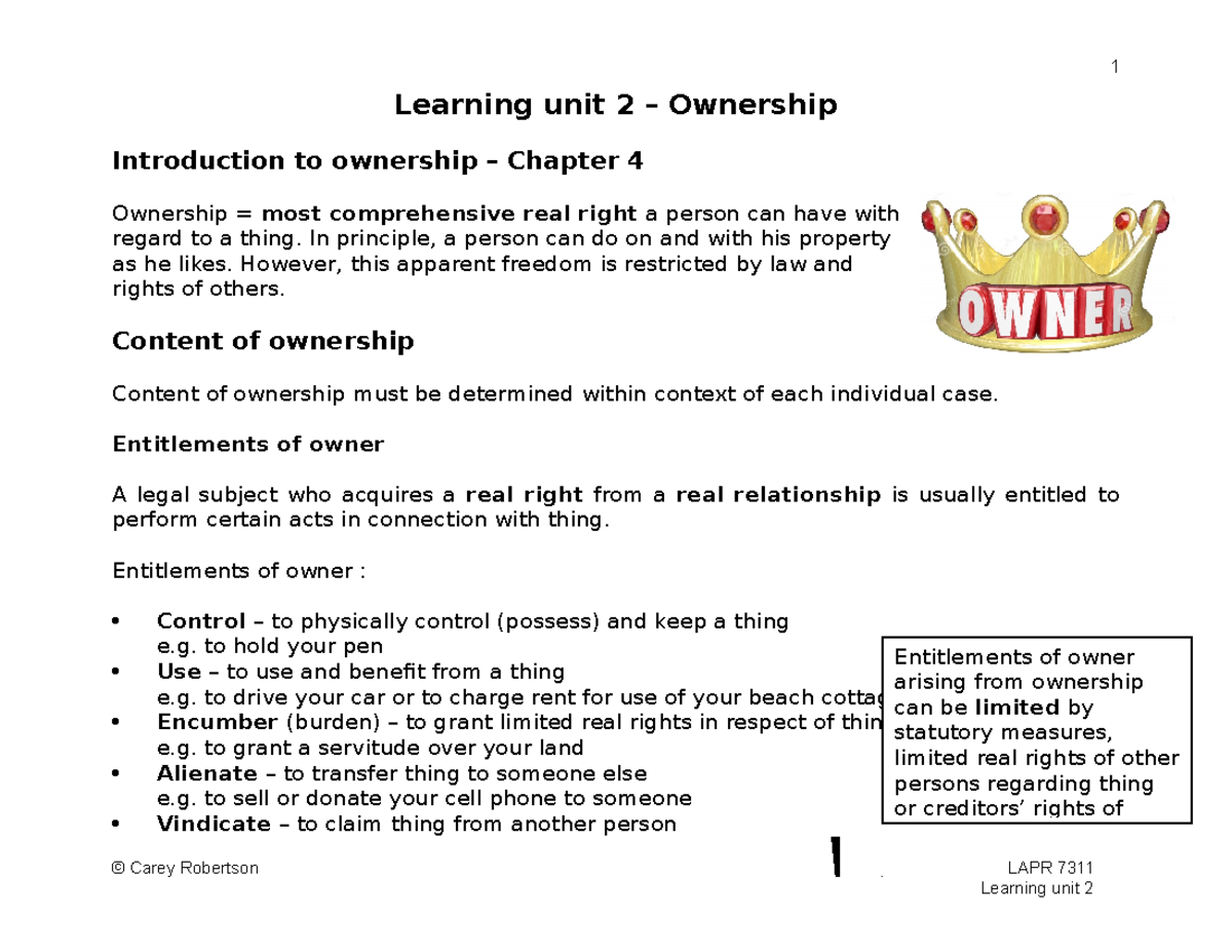 Property 7311 - Learning unit 2 2020 - 1 Learning unit 2 – Ownership Introduction to ownership ...