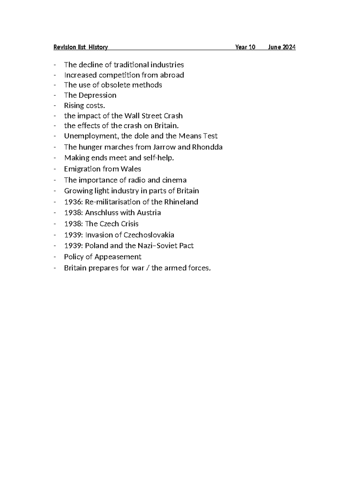 Revision list History Year 10 June 2024 - Revision list History Year 10 ...