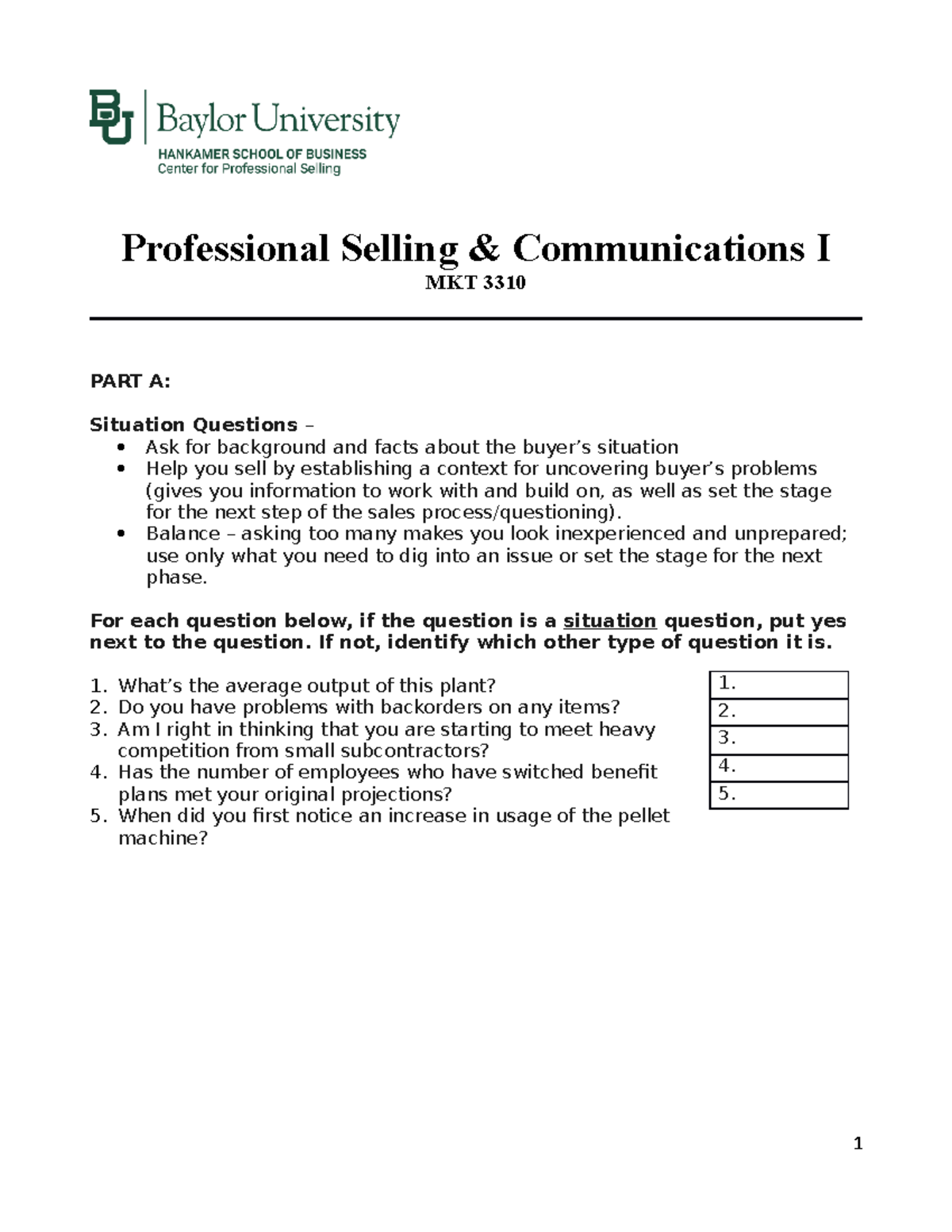 SPIN Questions Activity - Identifying SPIN - Professional Selling ...