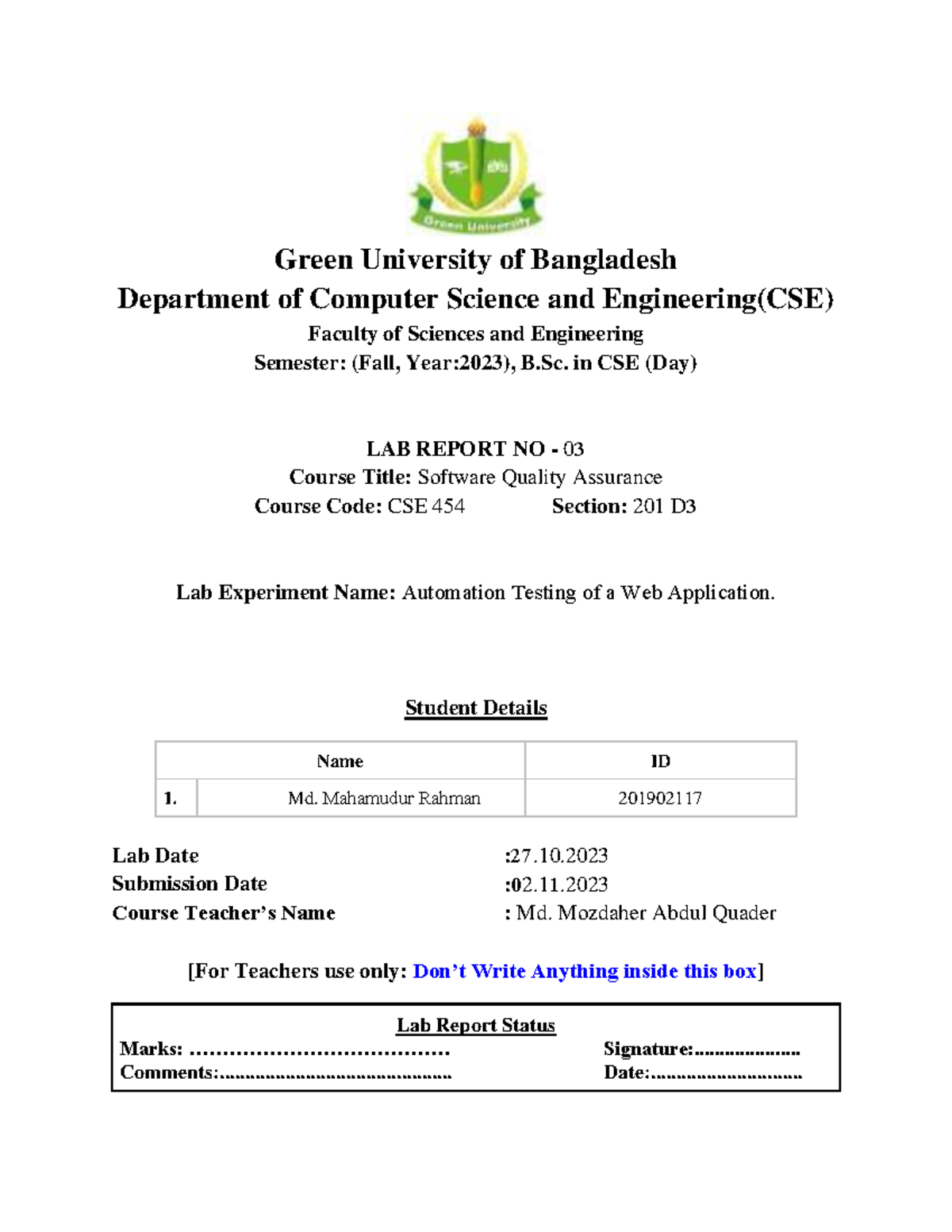 Lab-Report-3 - Lab - Green University of Bangladesh Department of ...