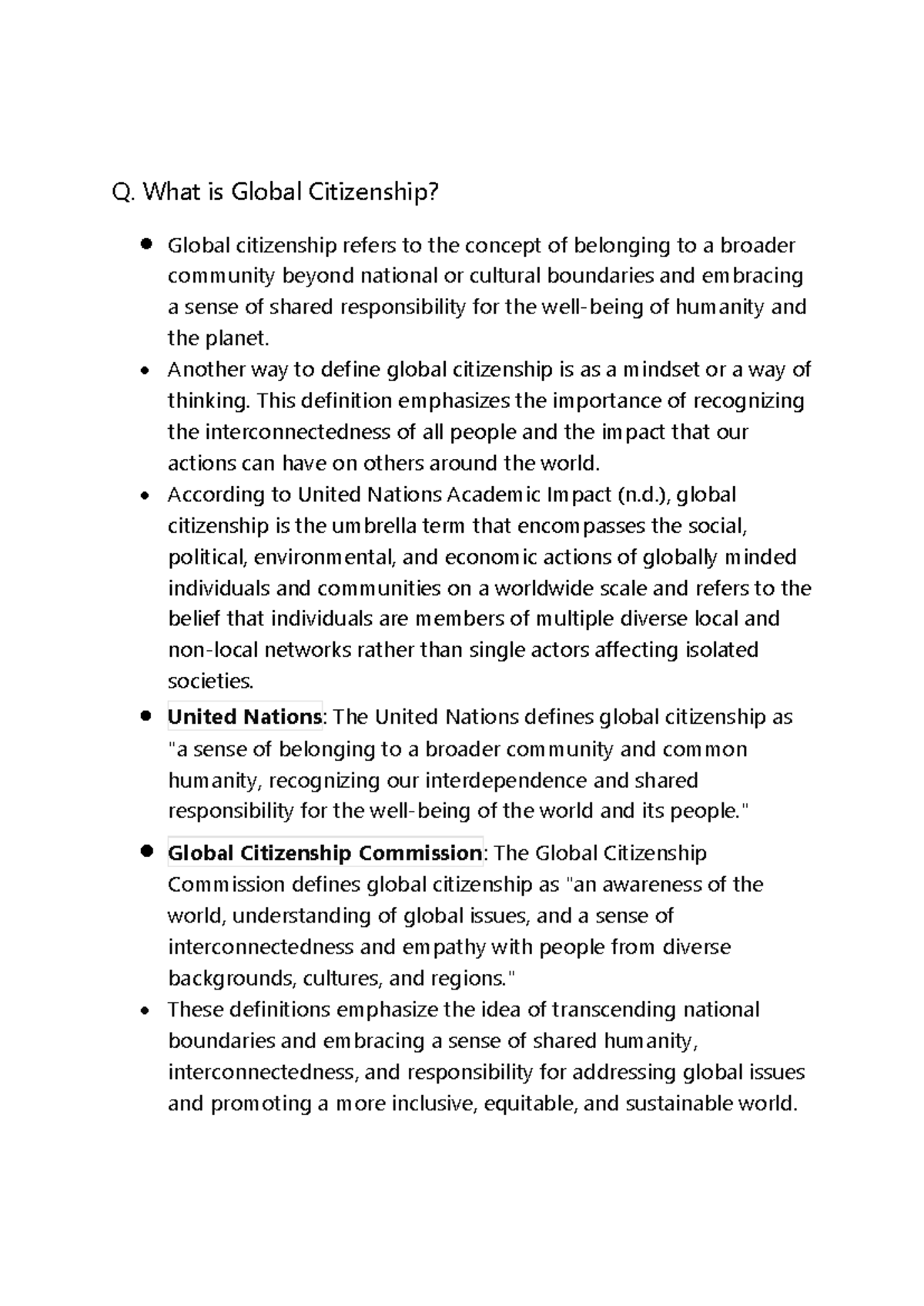 SDG - Q. What is Global Citizenship? Global citizenship refers to the ...