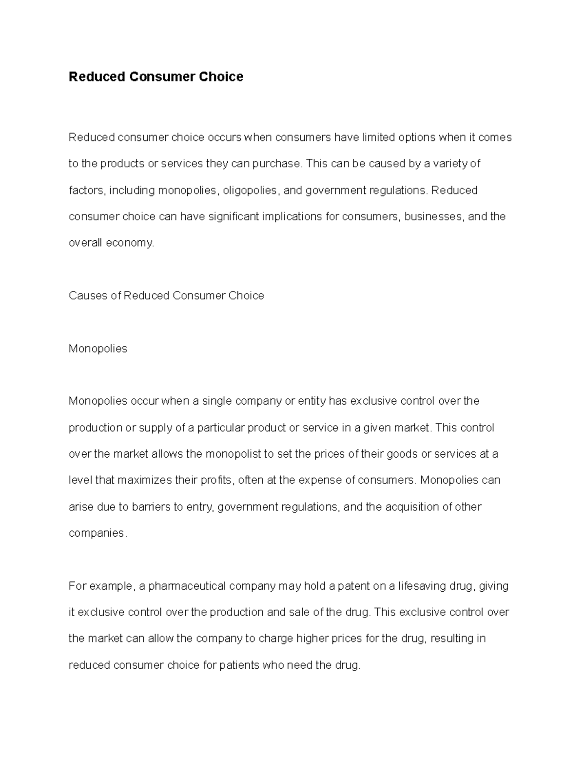 Reduced Consumer Choice - Reduced Consumer Choice Reduced consumer ...