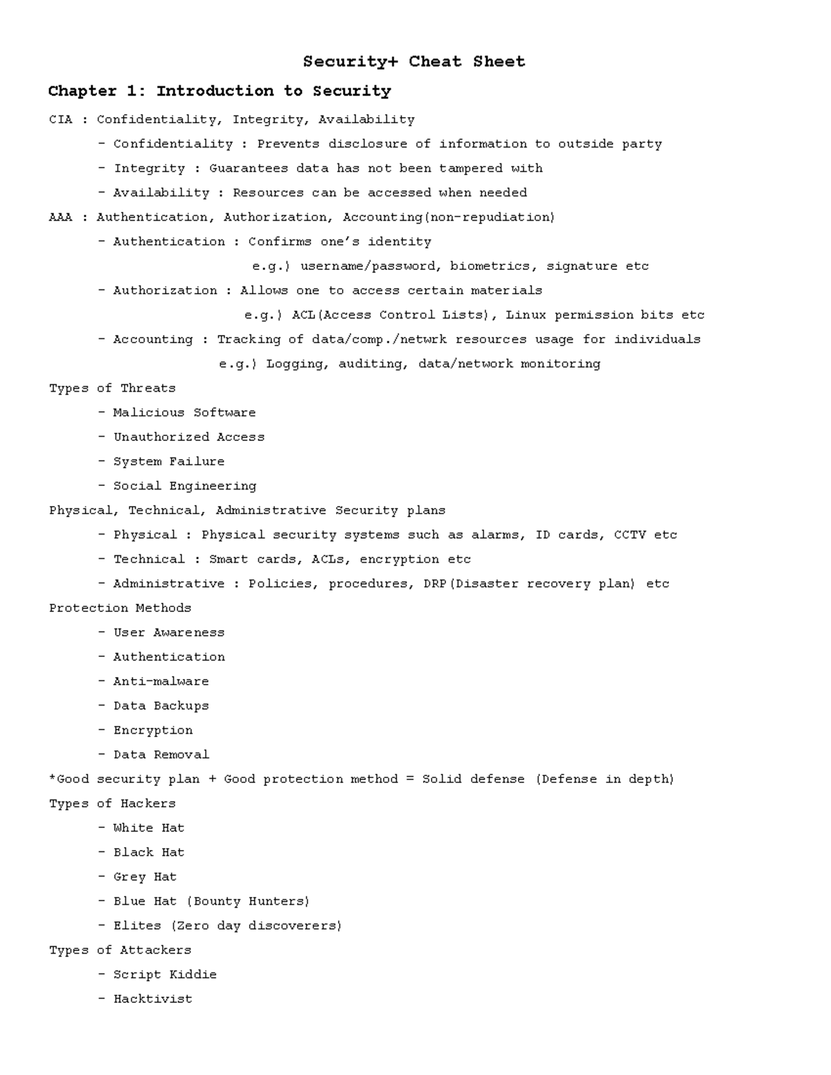 Security+ Cheat Sheet - Summary Diploma in ICT - Security+ Cheat Sheet ...