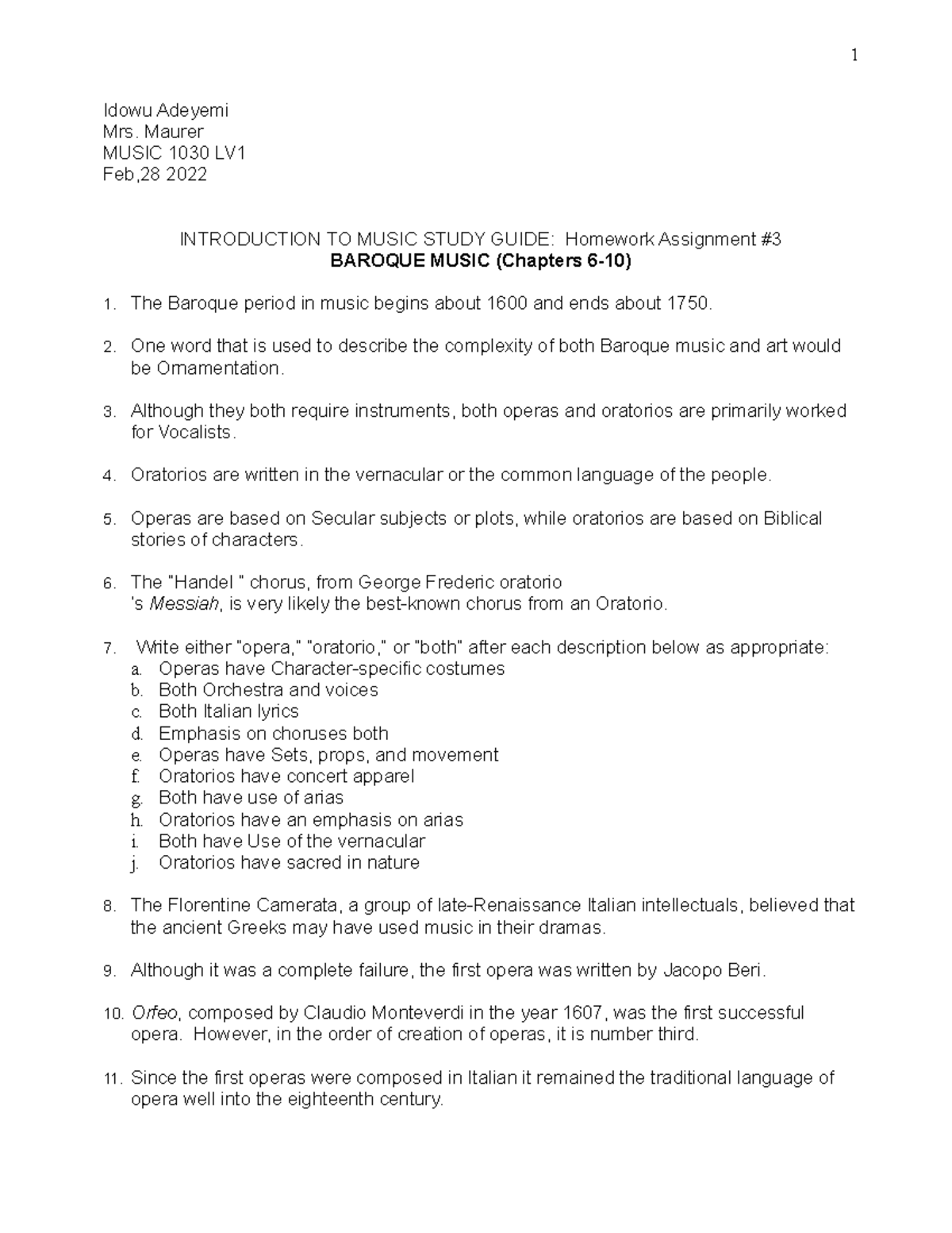 Baroque Study Guide 2021 - 1 Idowu Adeyemi Mrs. Maurer MUSIC 1030 LV ...