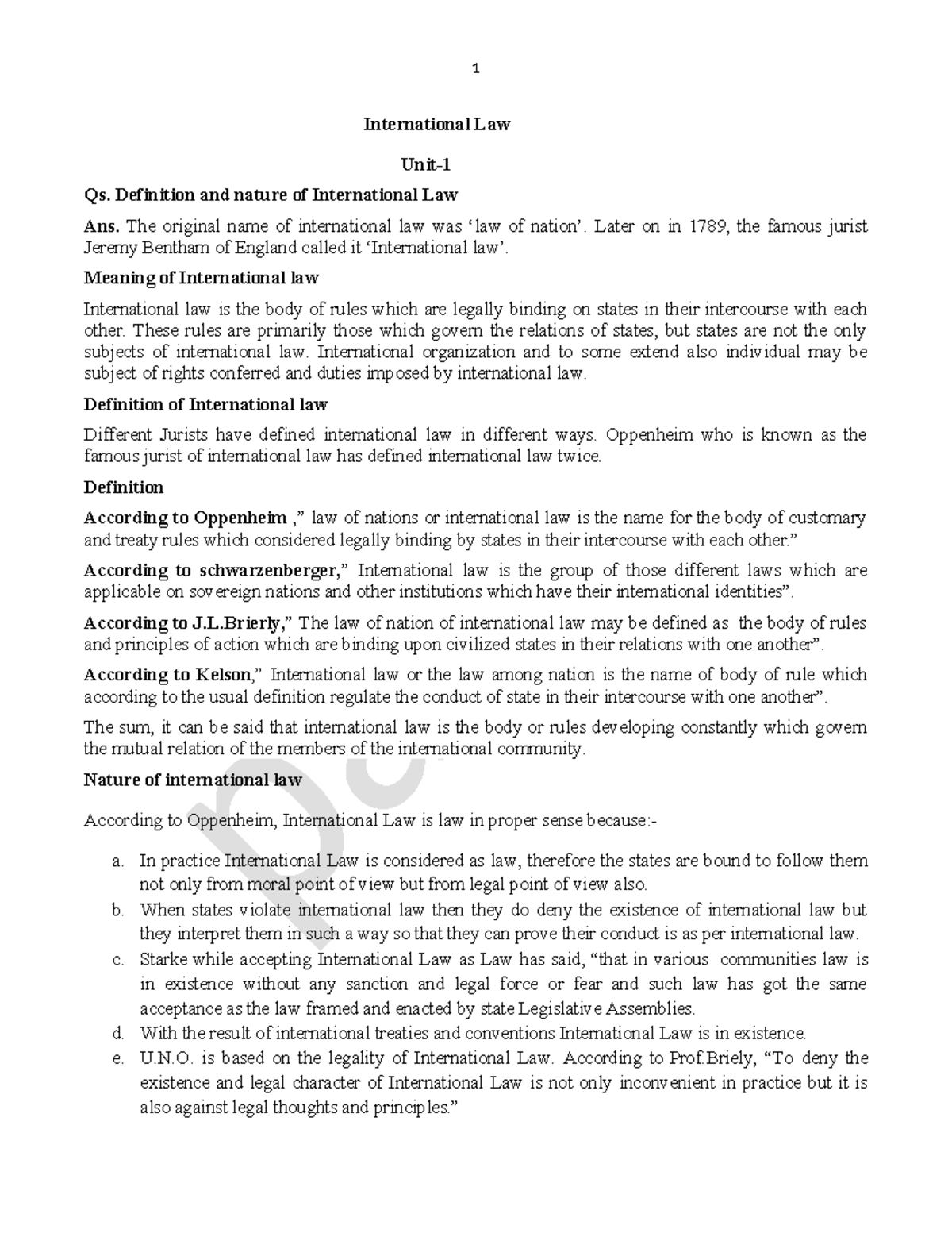 International Law - International Law Unit- Qs. Definition and nature ...