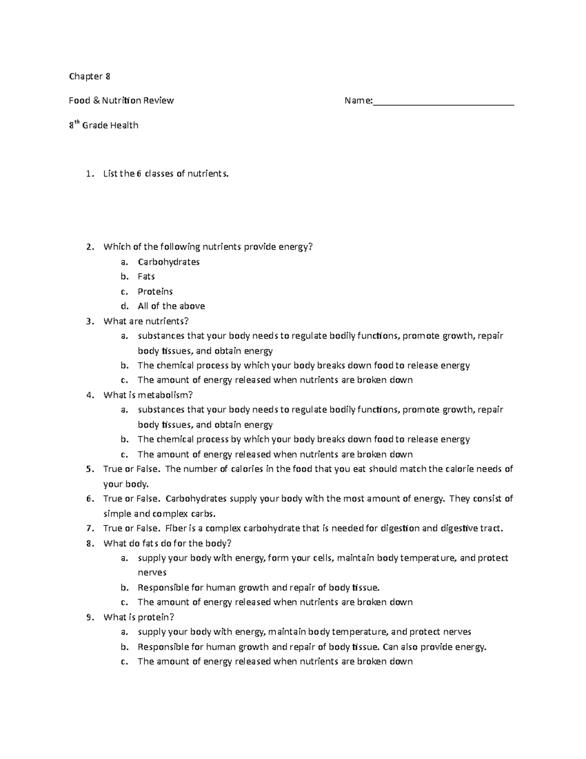 Nutrition Test - Chapter 8 Food & Nutrition Review Name ...