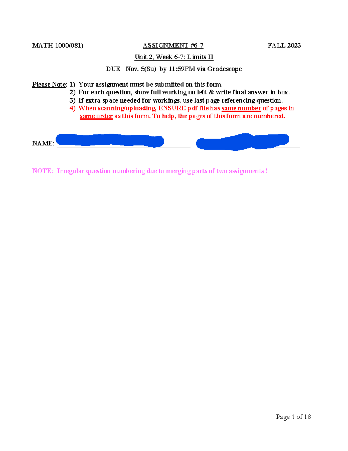 Assignment 6-7 - ####### MATH 1000(081) ASSIGNMENT #6-7 FALL 2023 ...