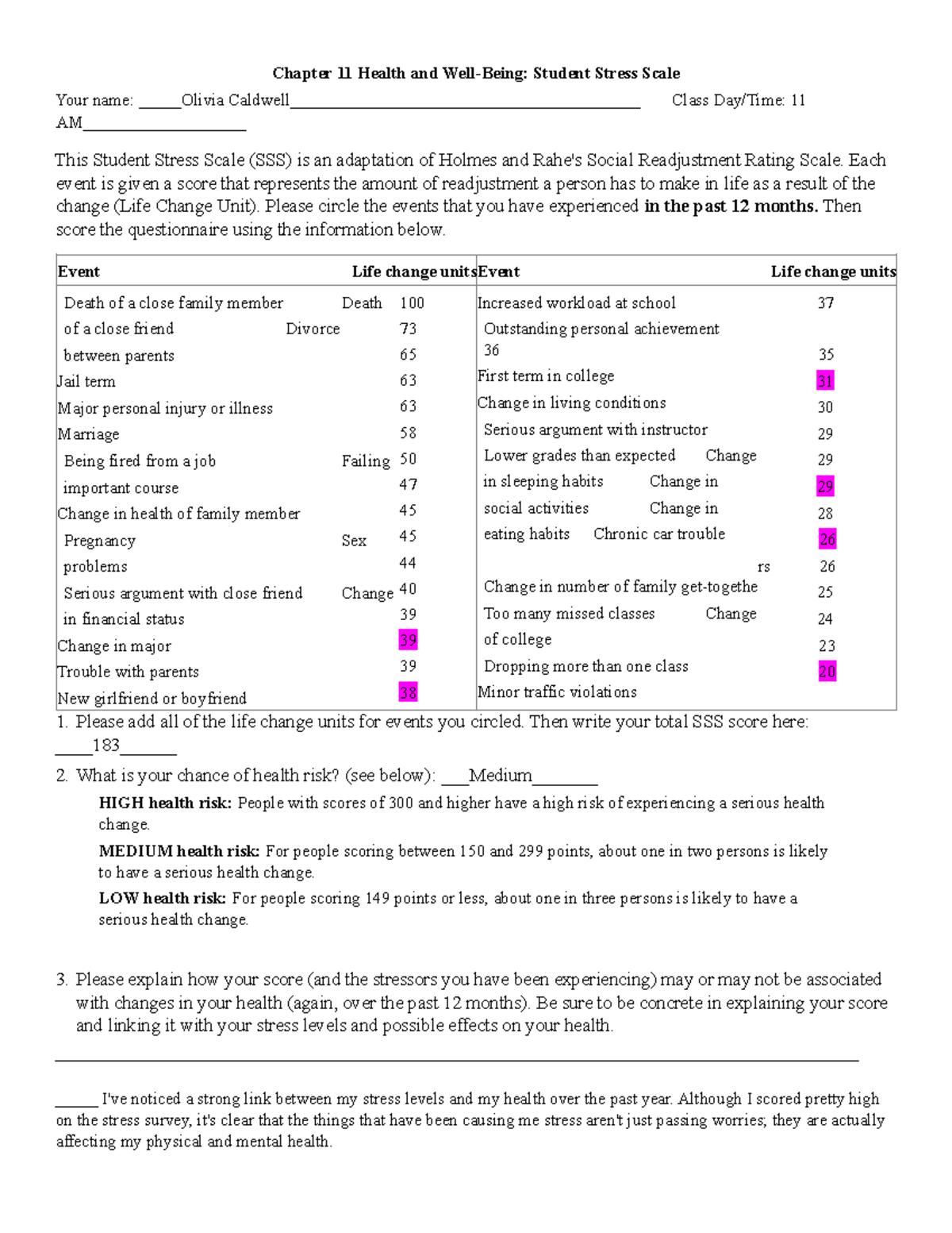 Health and well being worksheet - Chapter 11 Health and Well-Being ...