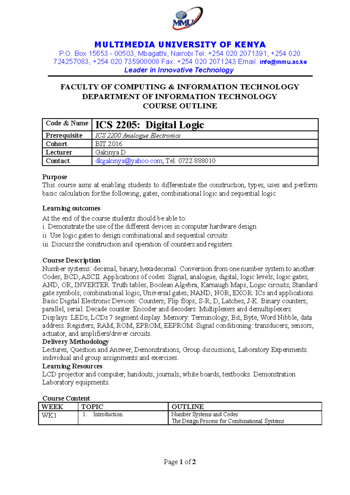 Digital Logic Course Outline MULTIMEDIA UNIVERSITY OF KENYA P Box digital-logic-course-outline-multimedia-university-of-kenya-p-box