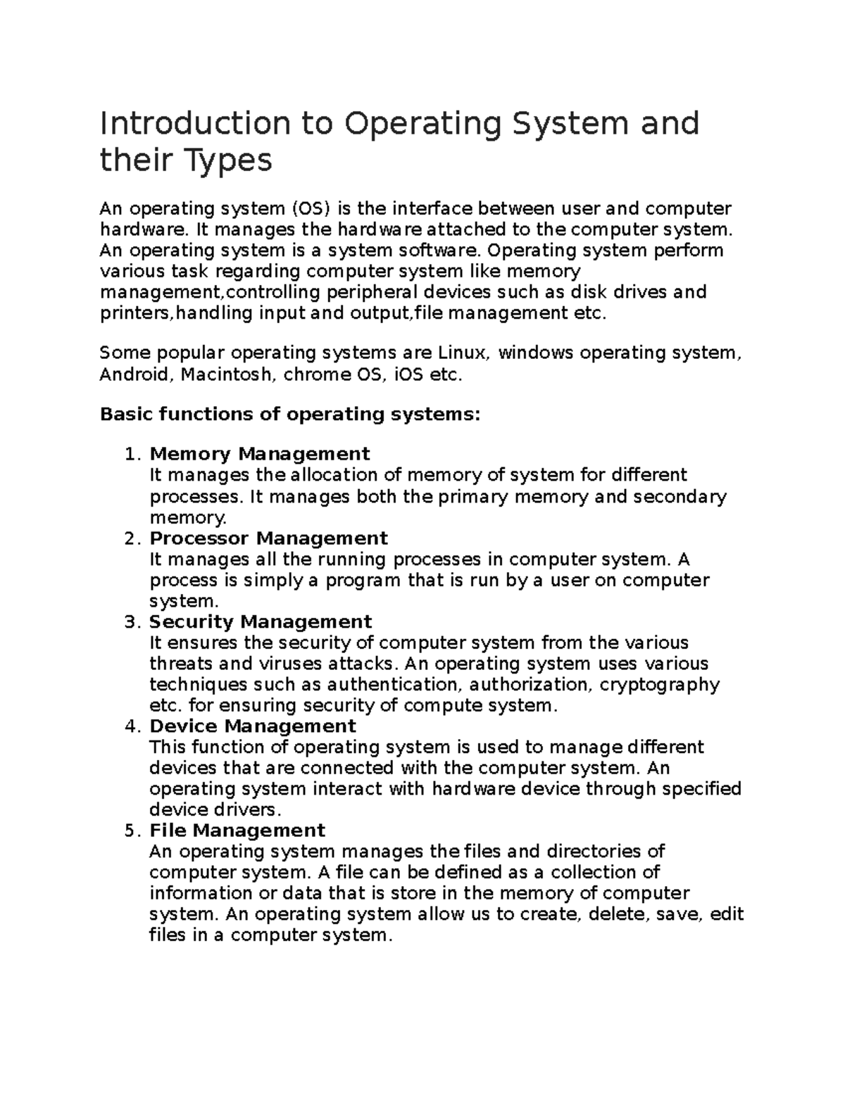 Handouts - Introduction to Operating System and their Types An ...