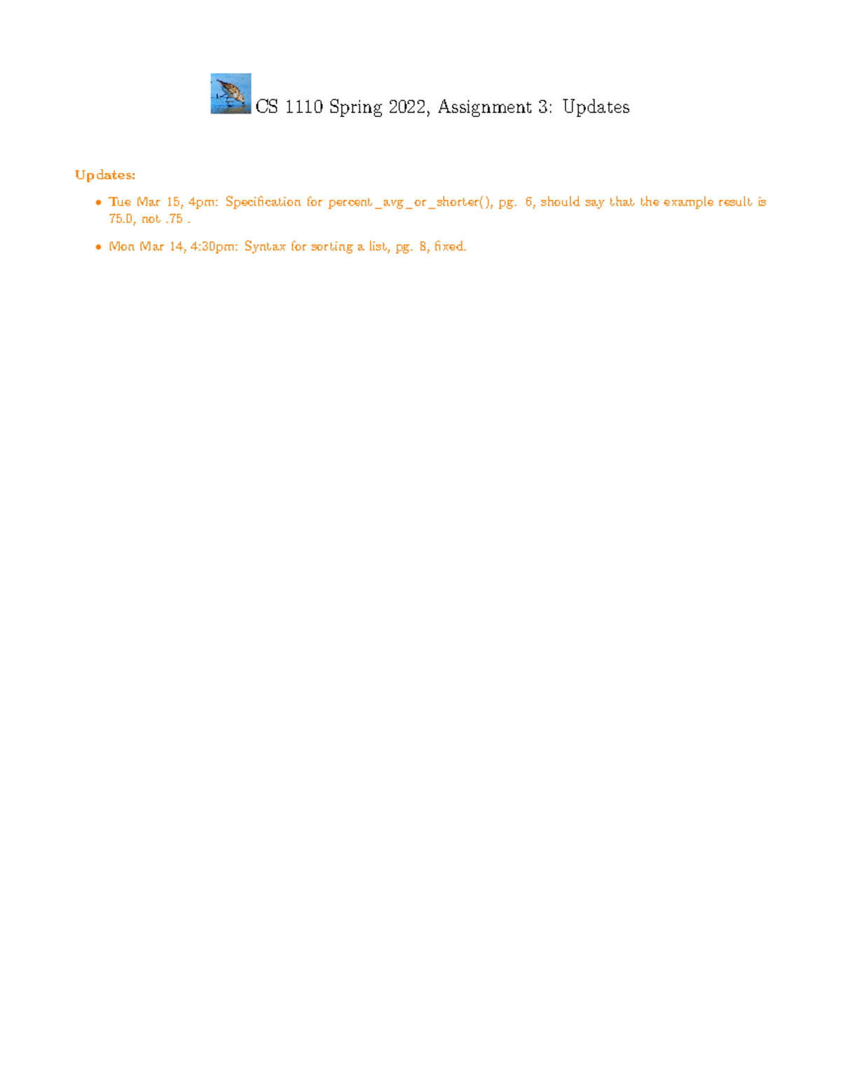 A3 - Homework assignment from CS 1110 taught by Professor Anne Bracy and Professor - CS 1110 ...