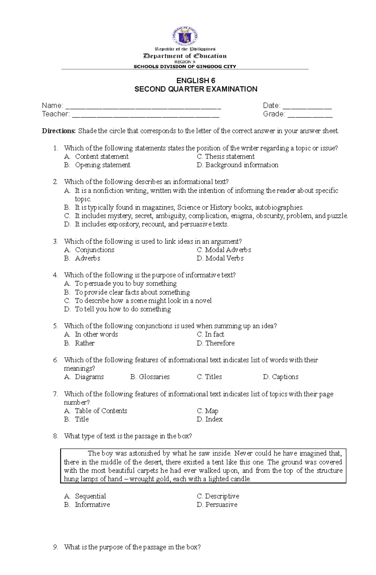 English TEST Questions-G6-Q2 - ENGLISH 6 SECOND QUARTER EXAMINATION ...