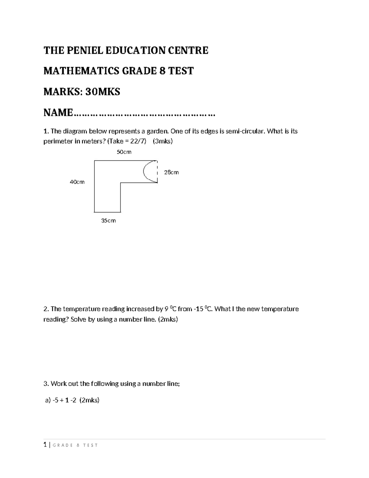 Maths Grade 8 test 1 - time management exams - THE PENIEL EDUCATION ...