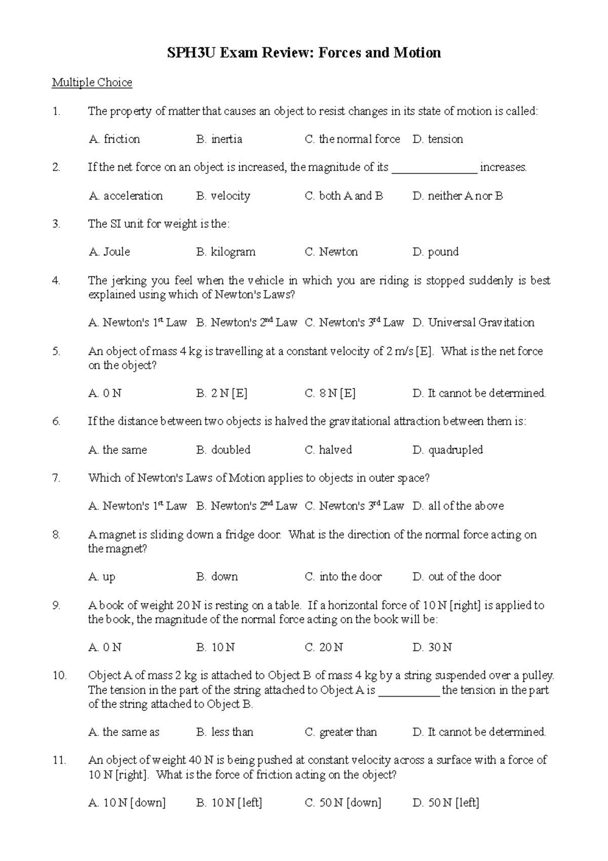 4. Exam-Review-Forces-and-Motion - SPH3U Exam Review: Forces and Motion ...