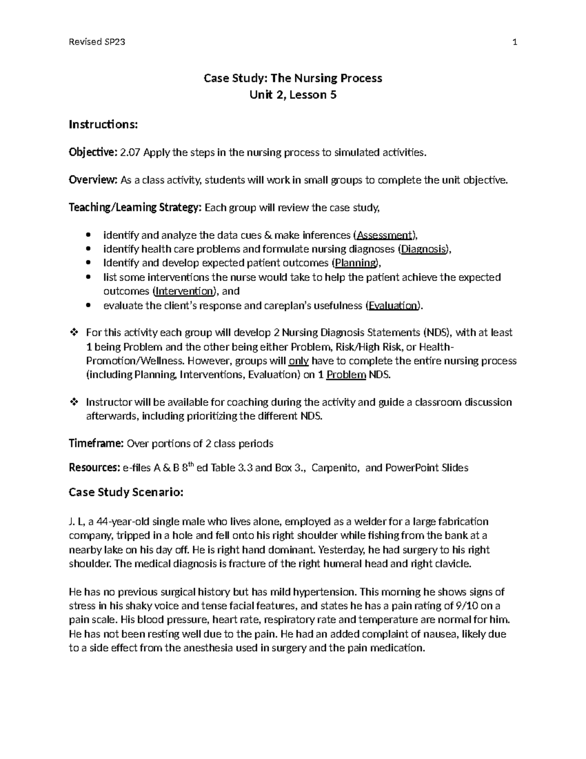 U2L5 Case Study Activity Using the Nursing Process Revised for SP23 ...