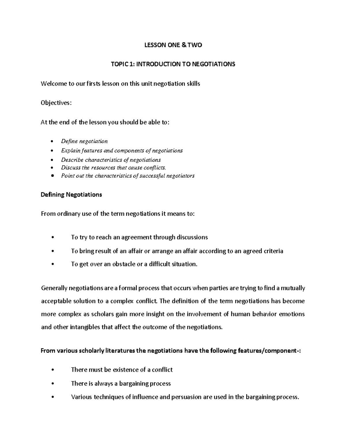Introduction TO Negotiation - LESSON ONE & TWO TOPIC 1: INTRODUCTION TO ...