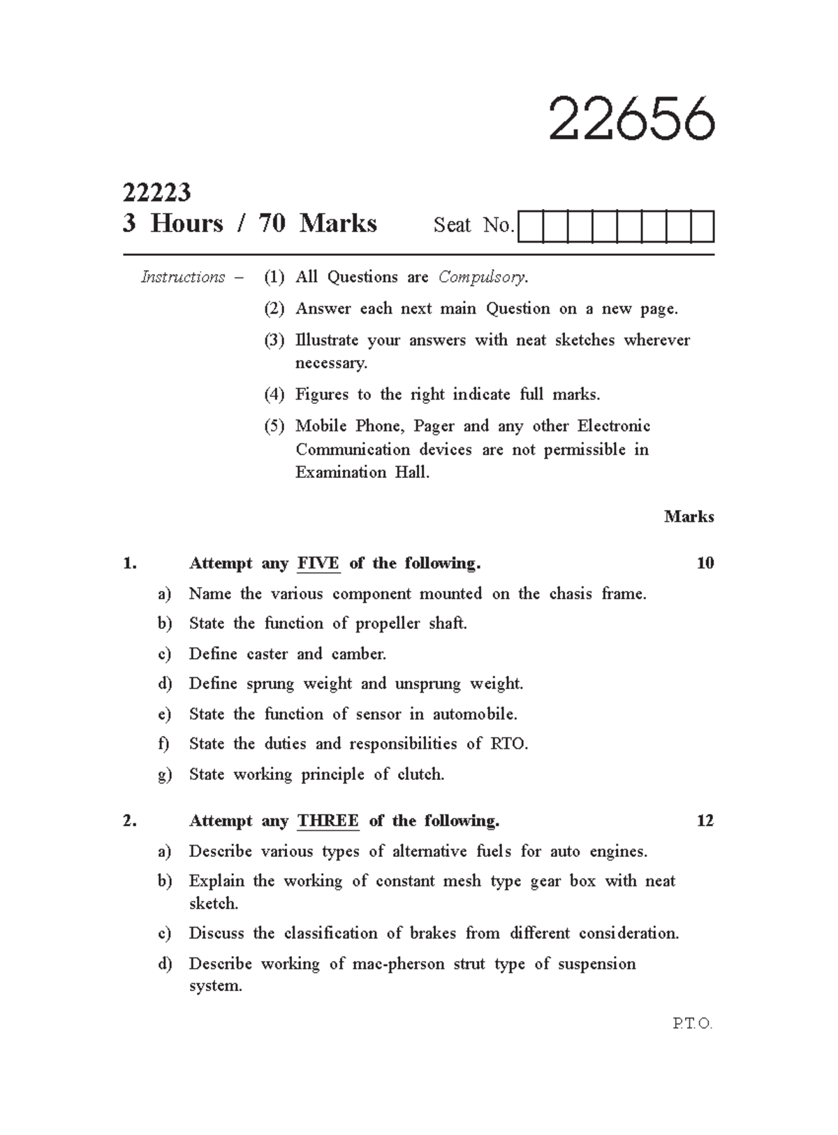 Auto 2023 Summer question paper - P.T. Instructions – (1) All Questions ...