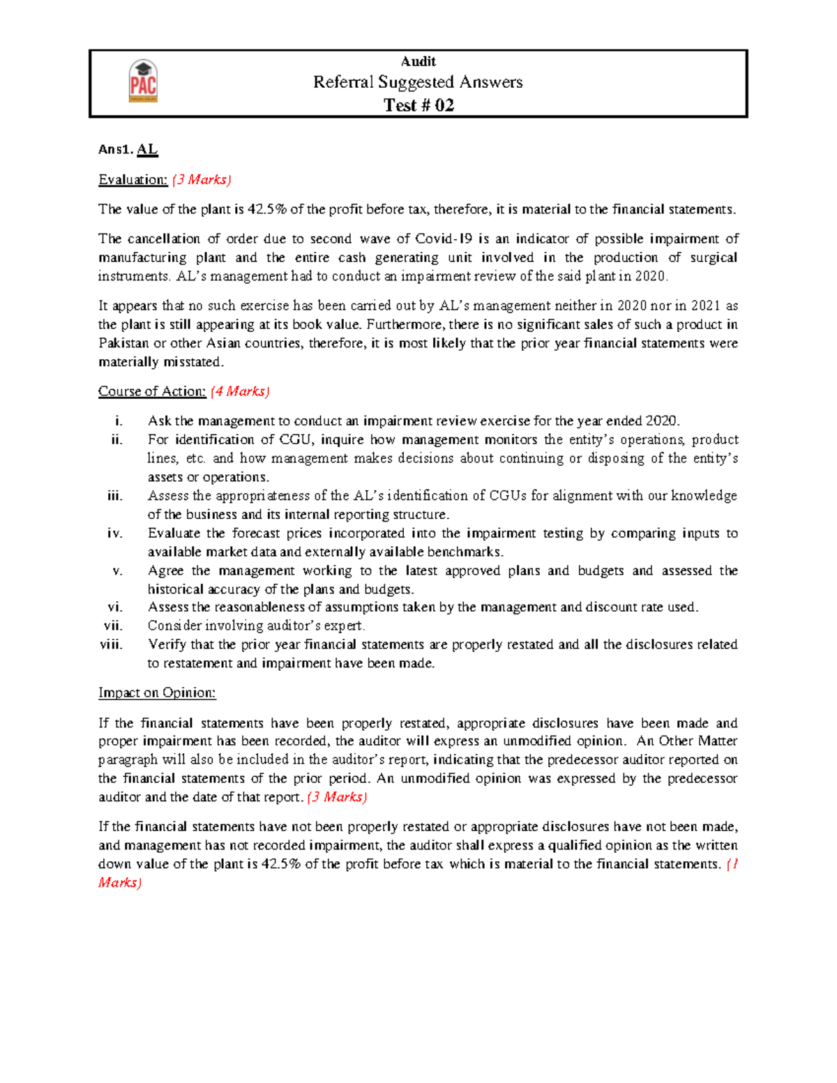 AA Test 2 (sol) - Summary Audit and Assurance - Audit Referral ...