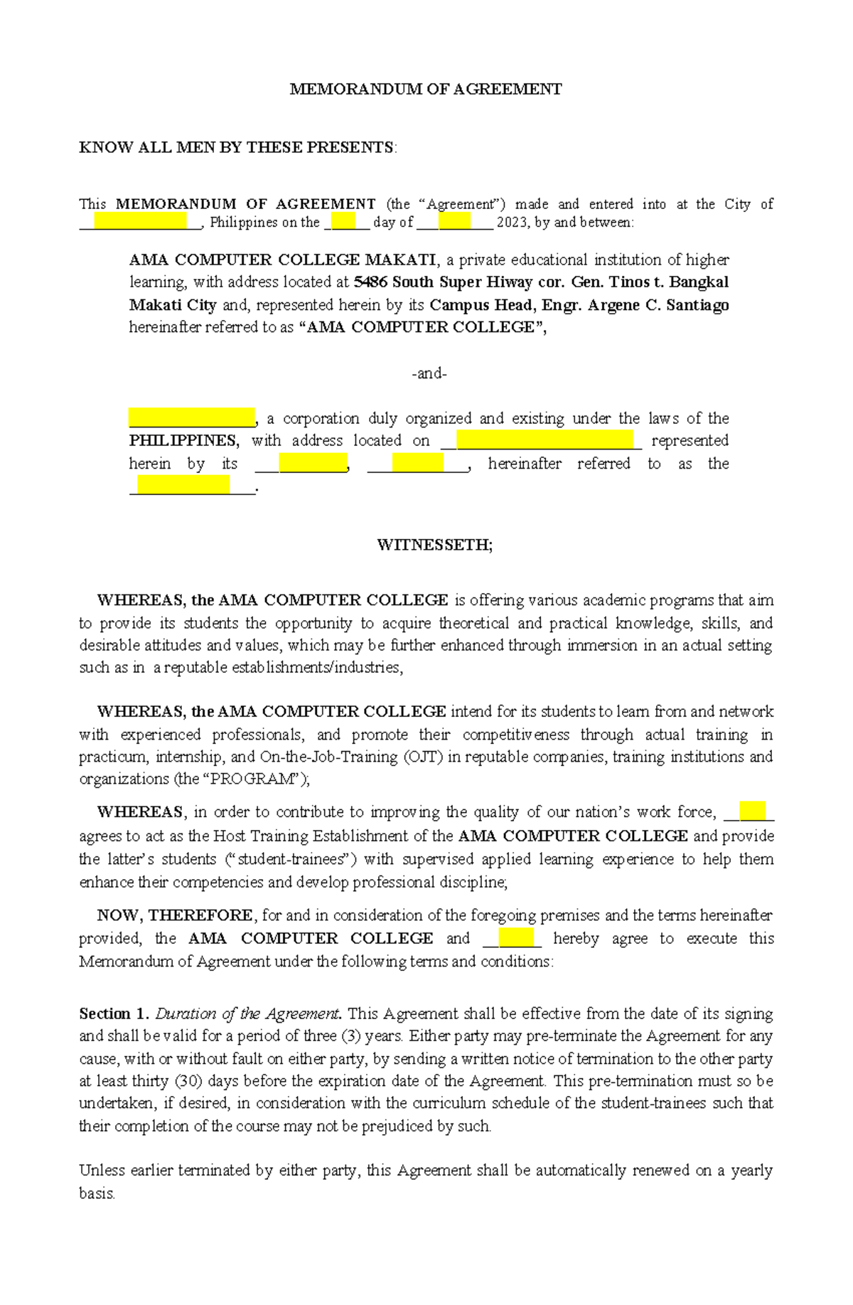 OJT MOA Draft - asdasd - MEMORANDUM OF AGREEMENT KNOW ALL MEN BY THESE PRESENTS: This MEMORANDUM ...