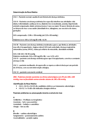 ASA, Hiper, Angina - RESUMO SOBRE AULA - CLASSIFICAÇÃO ASA ASA I ...