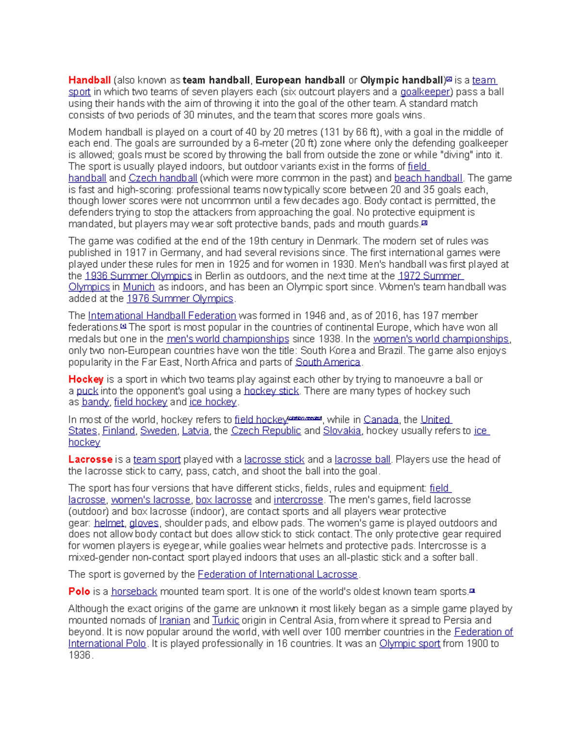 Sports for physical education eklavu - Handball (also known as team ...