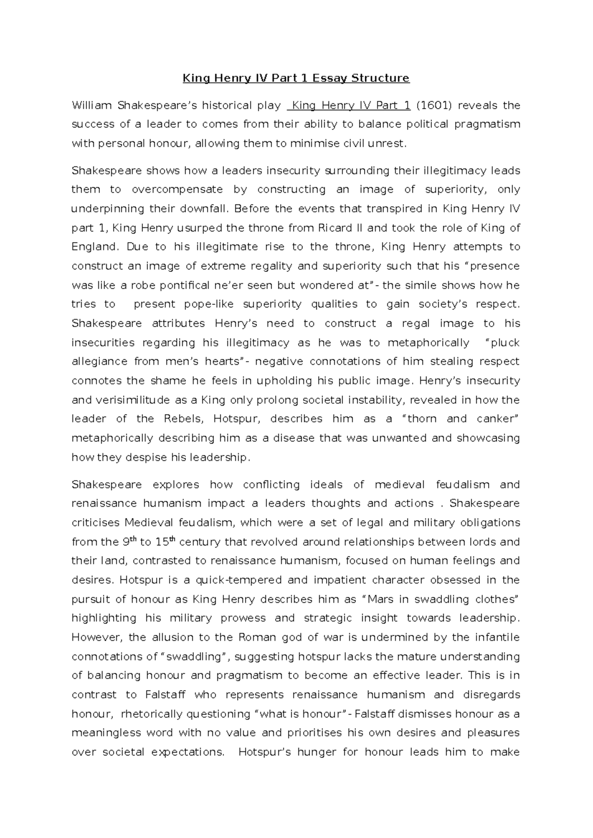 King Henry IV Part 1 Essay - King Henry IV Part 1 Essay Structure ...