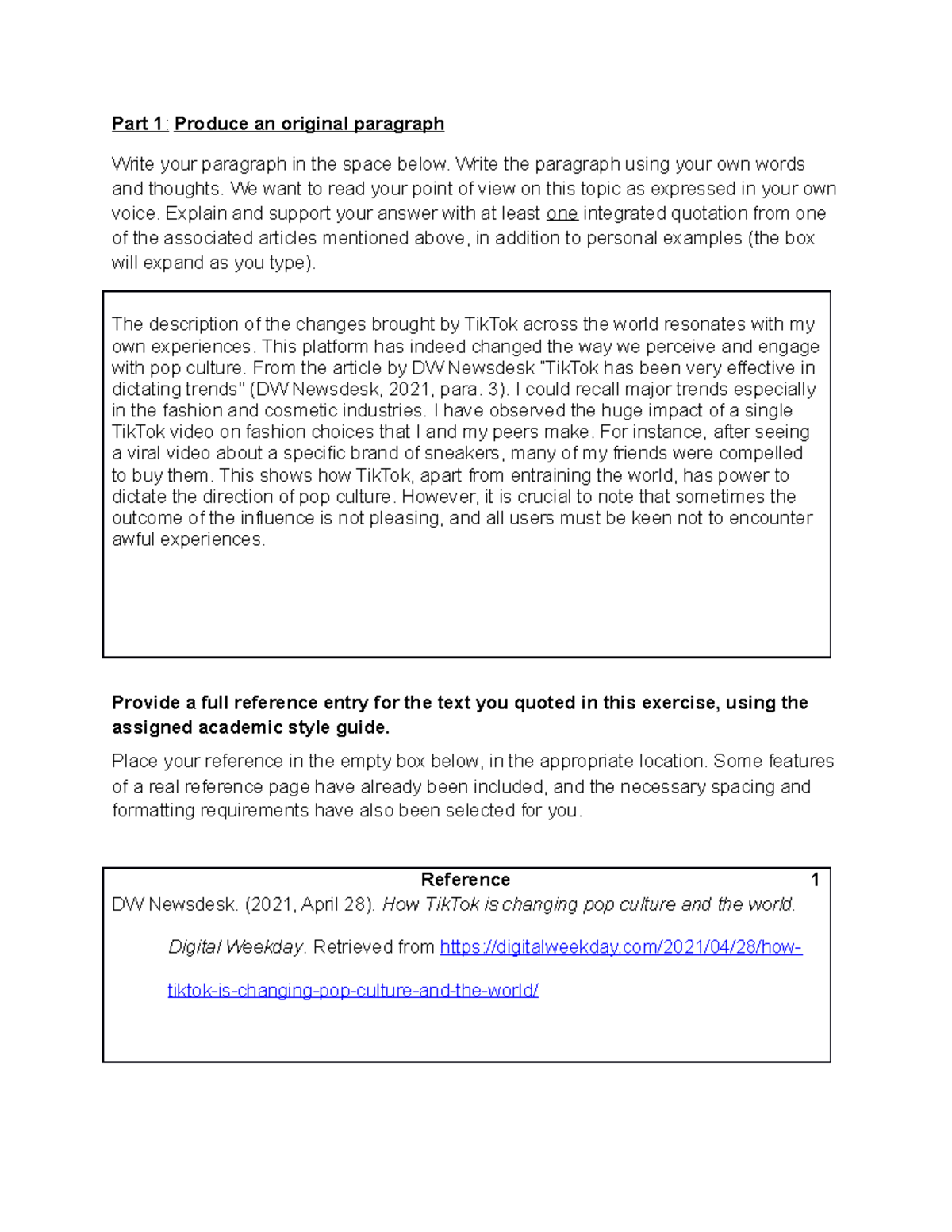 Reading Comprehension (mid-term) - Part 1: Produce an original ...