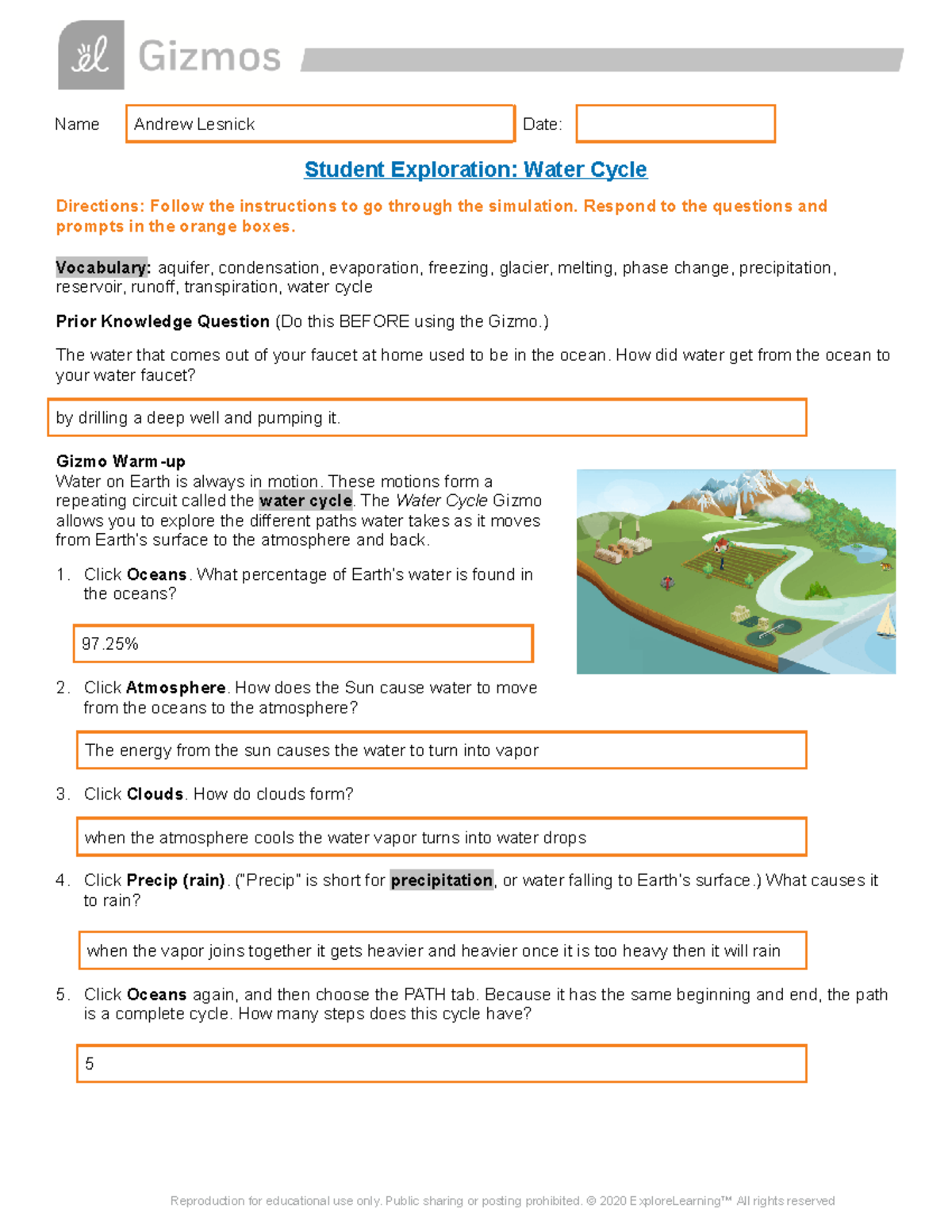 Copy of Copy of Water Cycle SE - Name Andrew Lesnick Date: Student ...