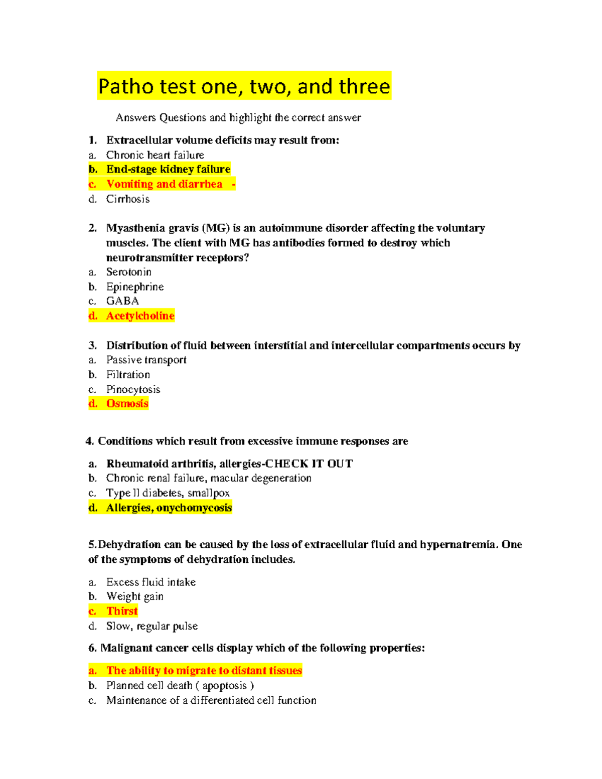 Patho - studyguide - Patho test one, two, and three Answers Questions ...