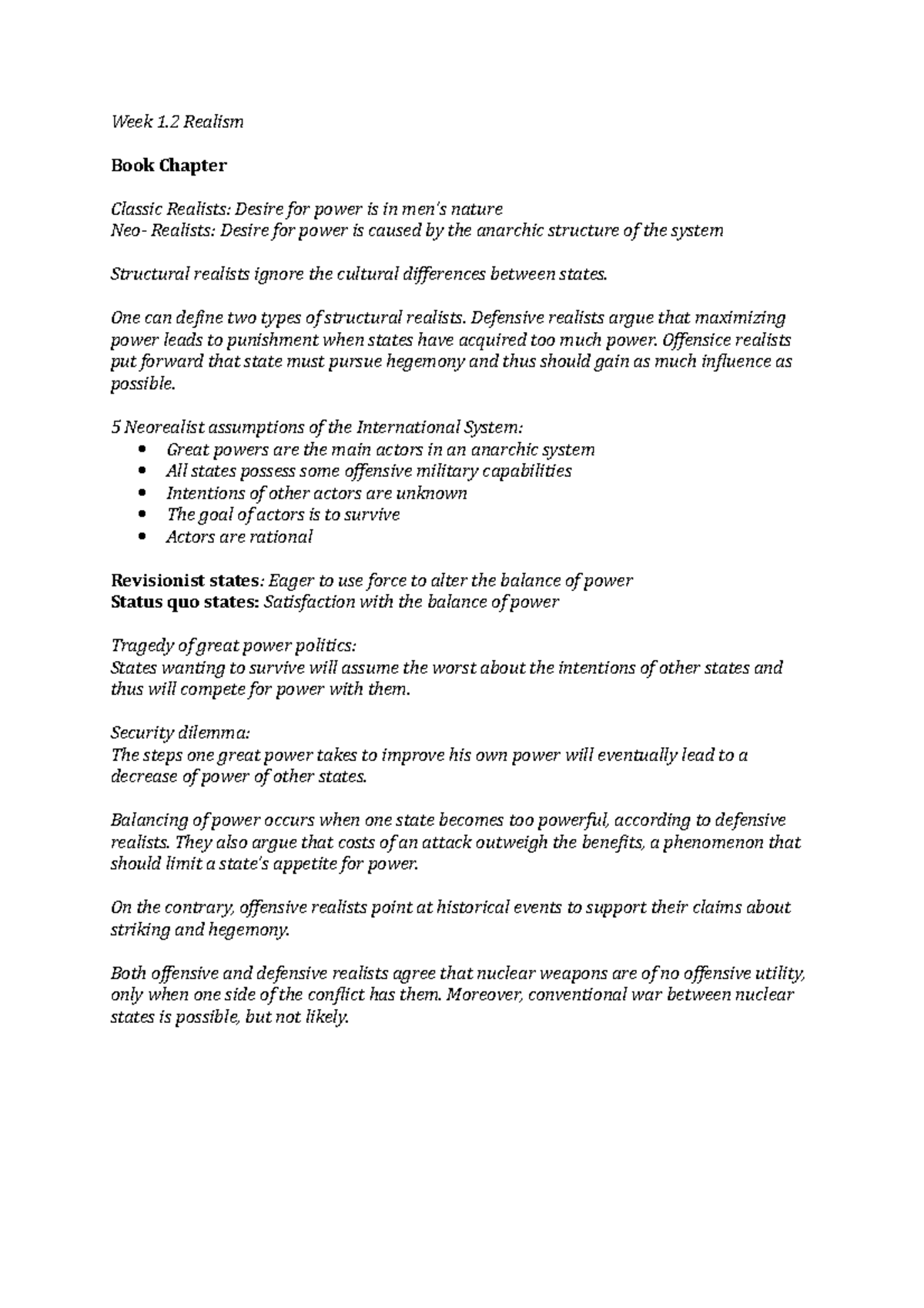 1 2 Realism Summary International Relations Theories Week 1 Realism