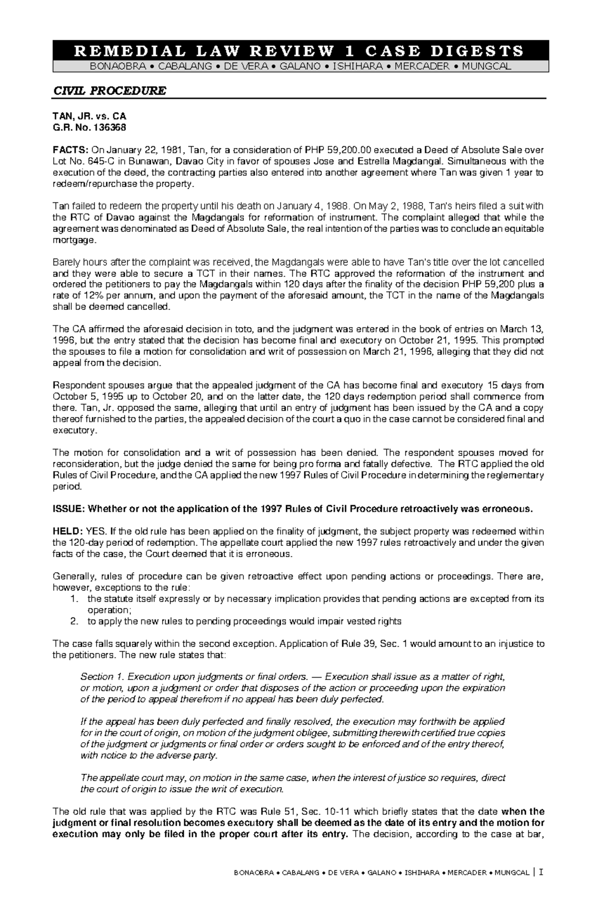 Remedial Law Review 1 Case Digests - CIVIL PROCEDURE TAN, JR. vs. CA G ...