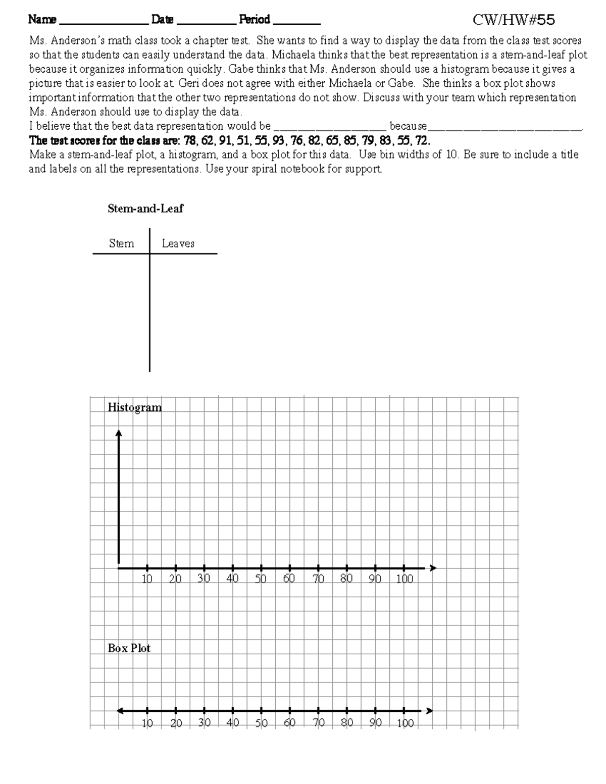 CW HW#55 Data Analysis Review - Stem-and-Leaf Stem Leaves Box Plot ...