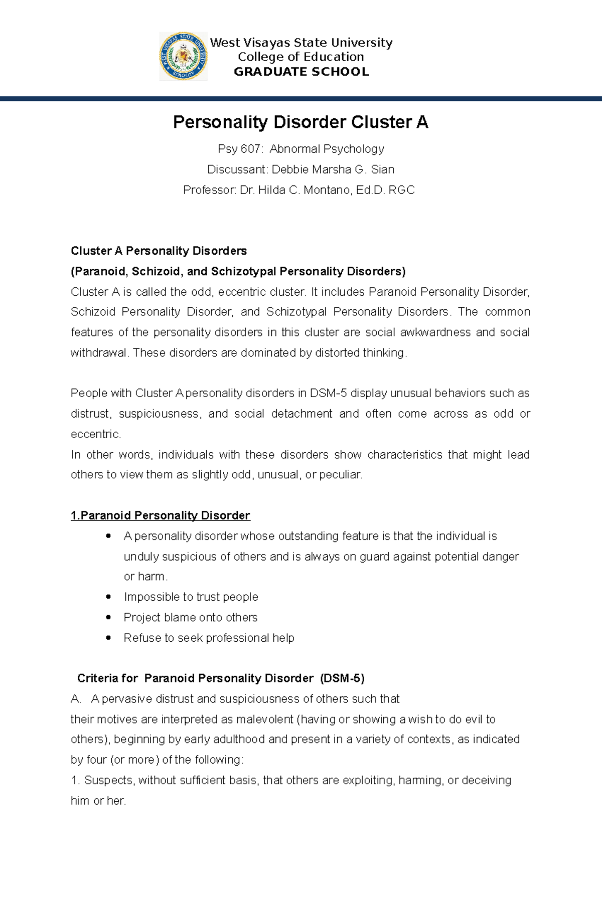 Cluster A Personality Disorder - West Visayas State University College ...