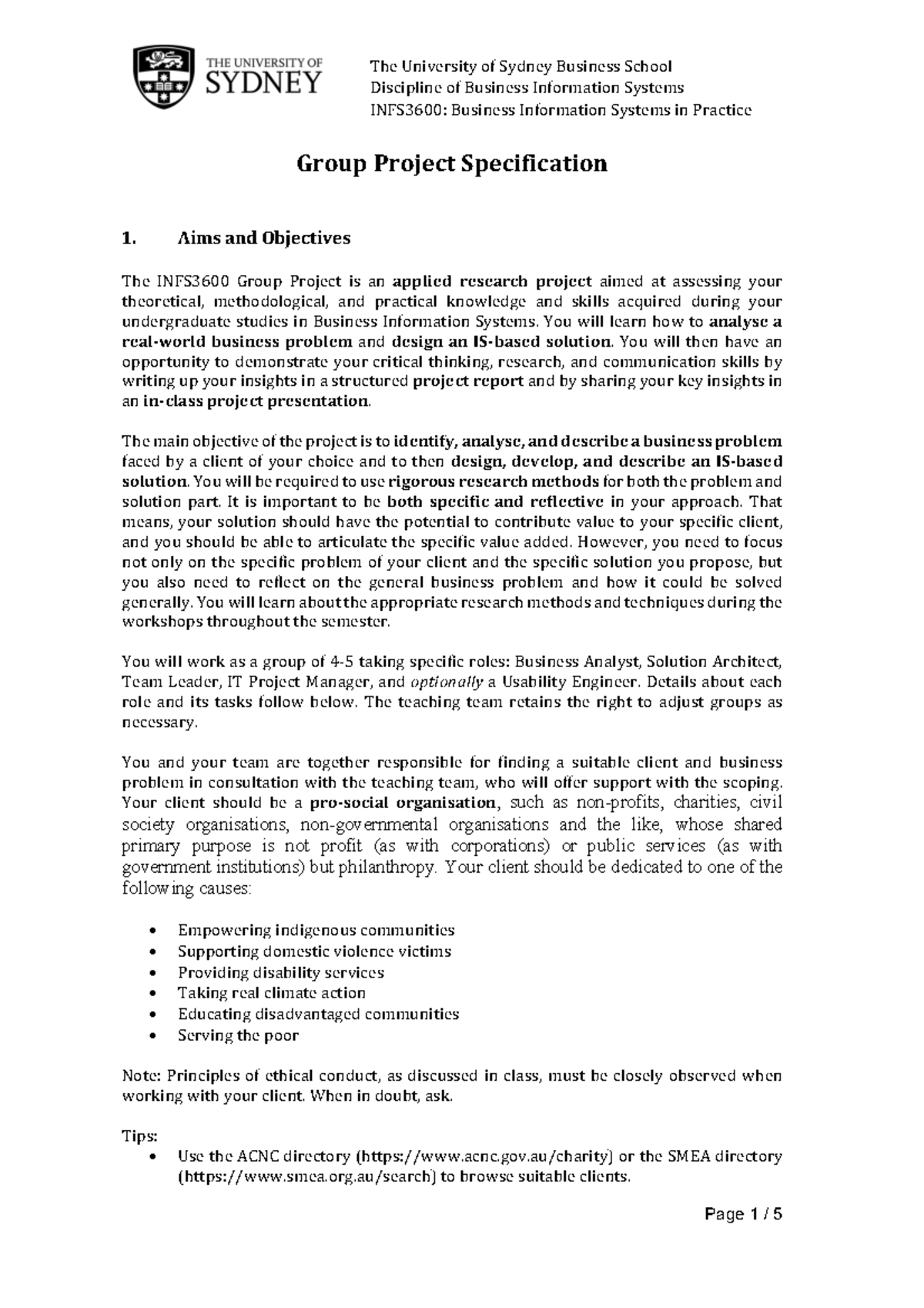 INFS3600+Group+Project+Spec - Discipline of Business Information Systems INFS3600: Business ...