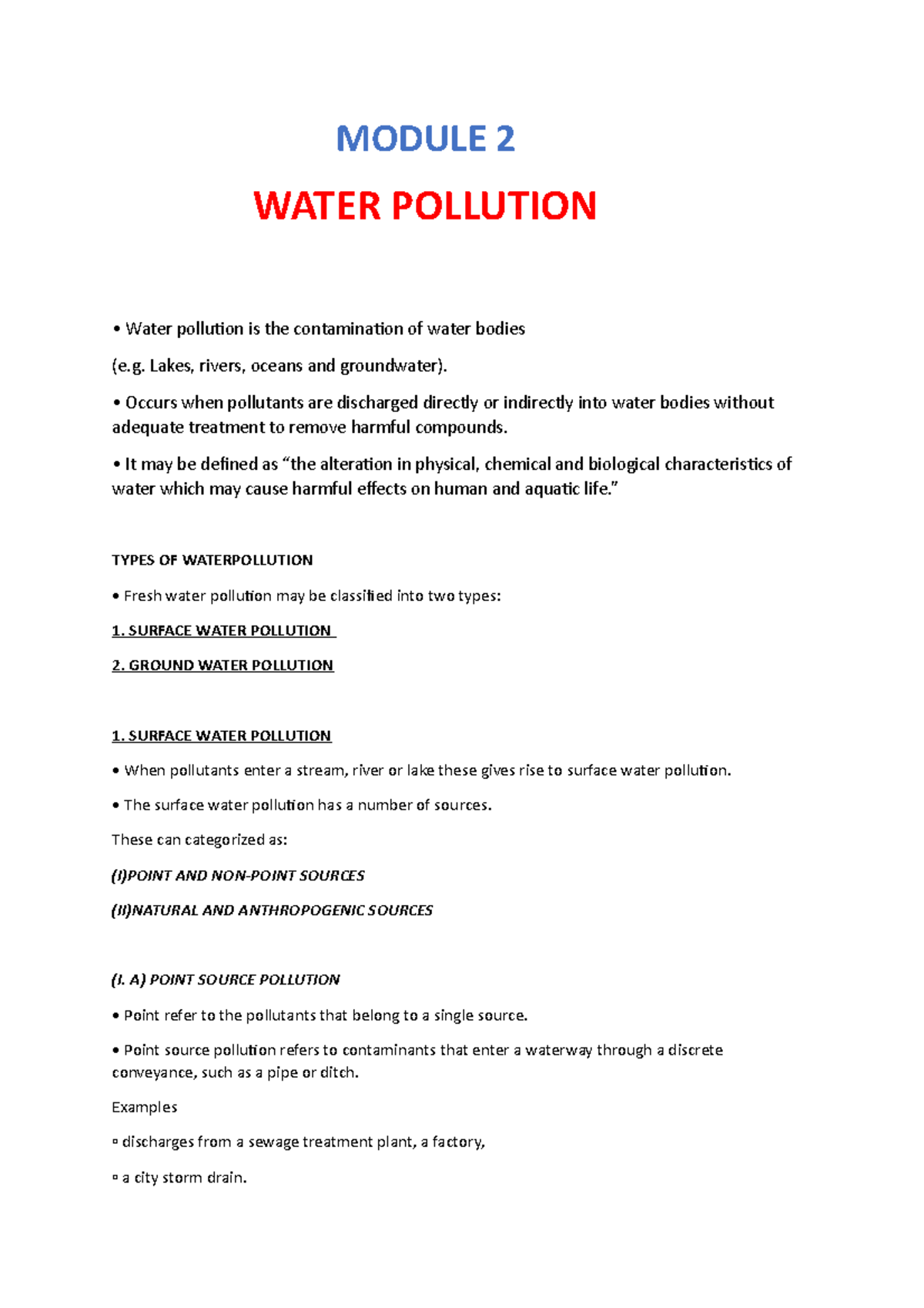 MOD2 water Pollution part1 - MODULE 2 WATER POLLUTION Water pollution ...