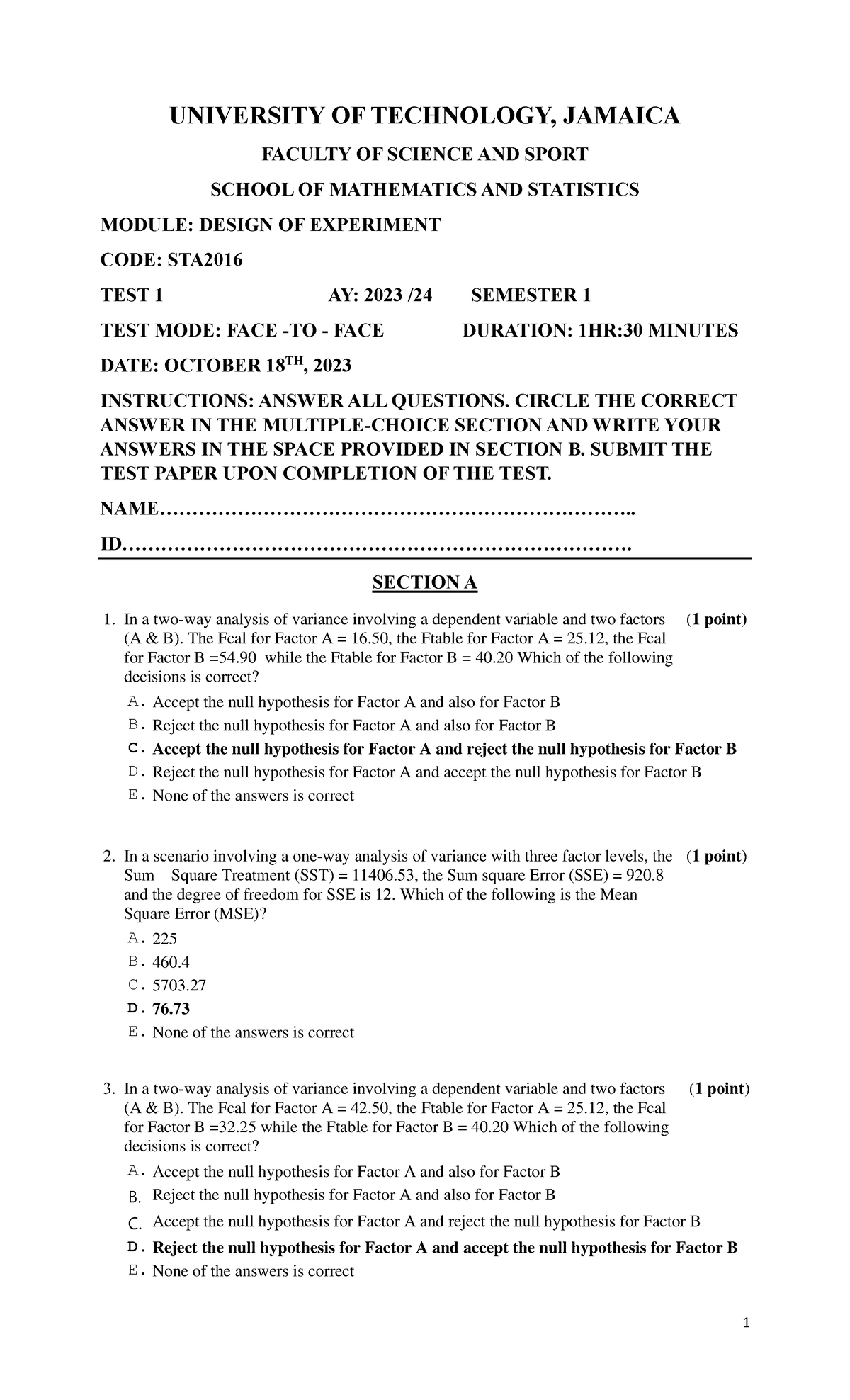 DOE-TEST1- October-PAST Paper - UNIVERSITY OF TECHNOLOGY, JAMAICA ...