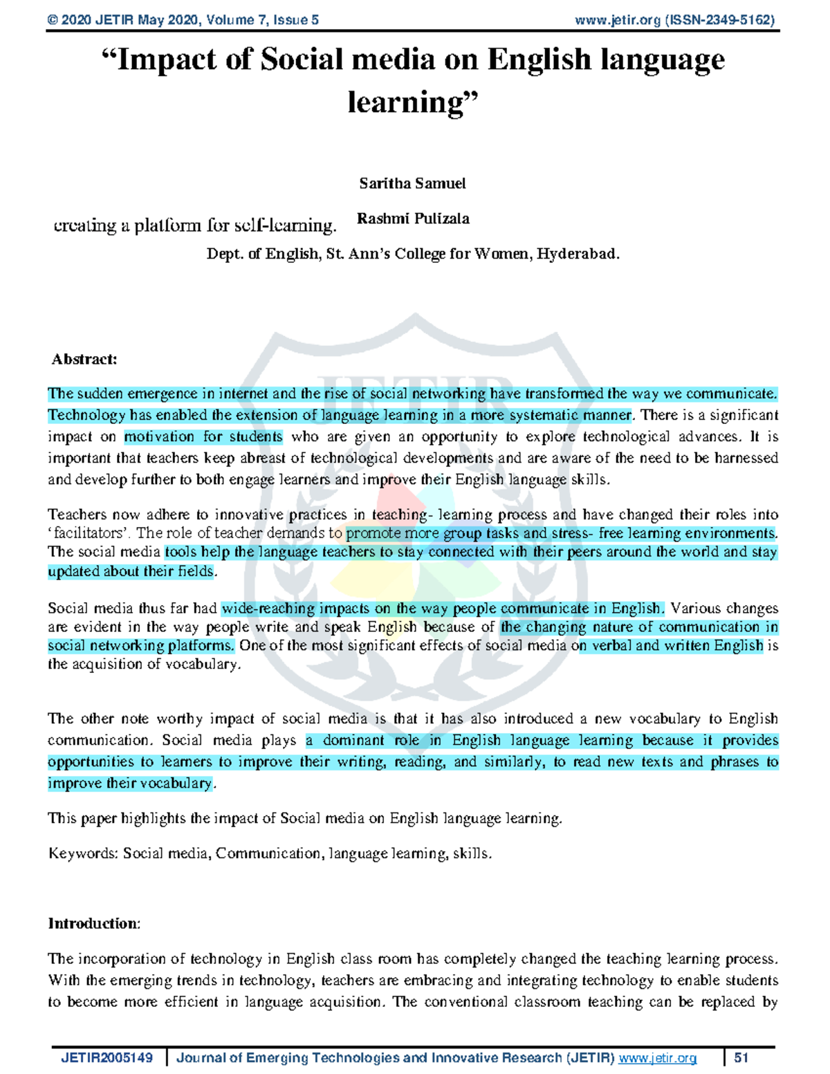 Impact of Social media on English language - “Impact of Social media on ...