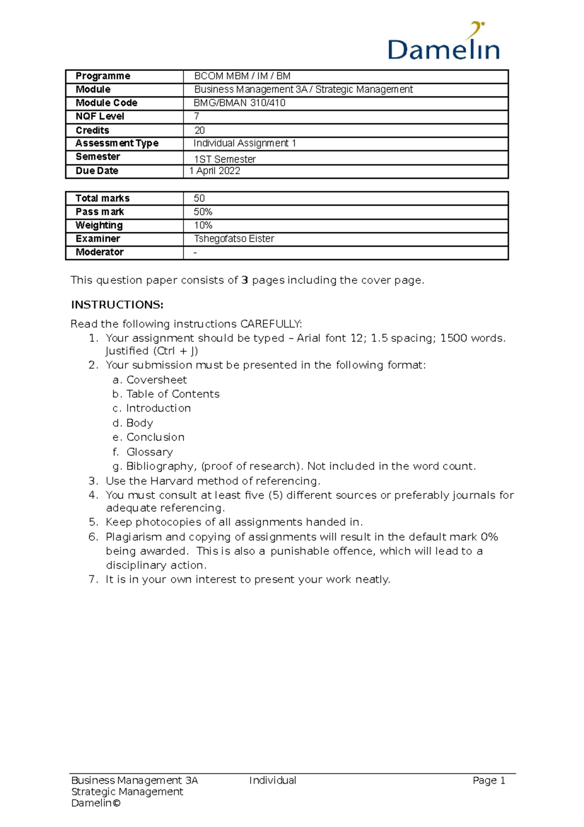 Bmgbman 310410 Individual Assignment 1 - Programme BCOM MBM / IM / BM Module Business Management ...